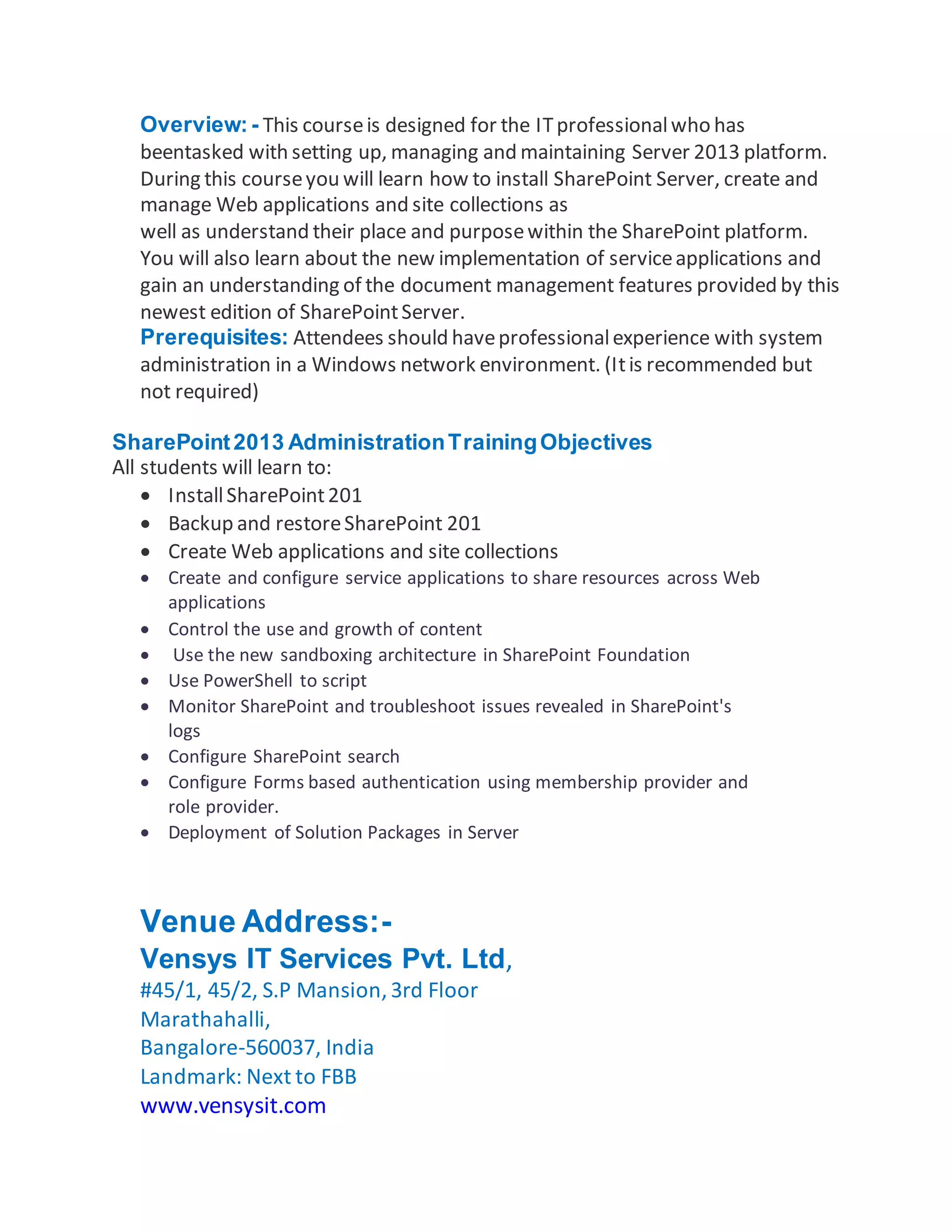 SharePoint2013 training in bangalore from vensys it services pvt. ltd | PDF