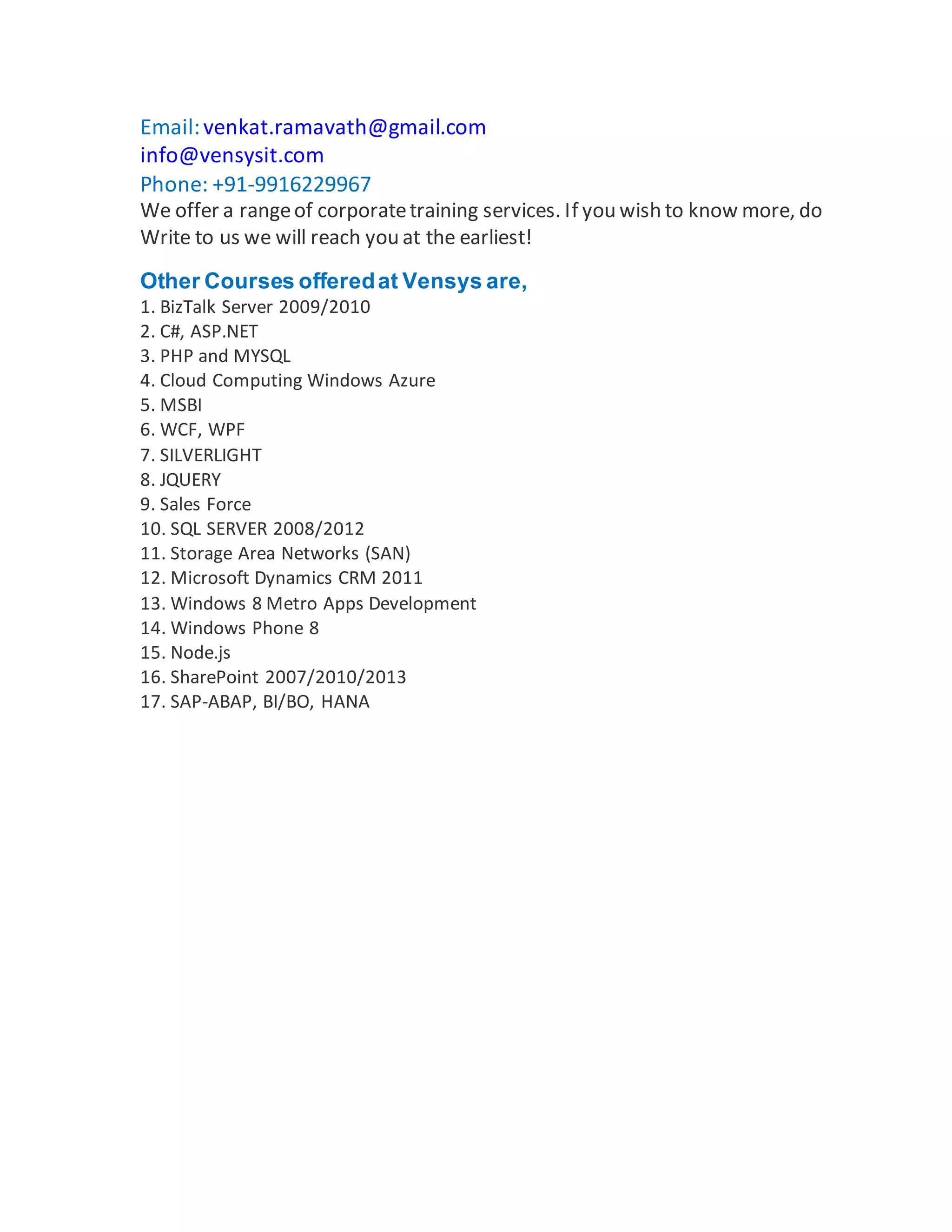 SharePoint2013 training in bangalore from vensys it services pvt. ltd | PDF