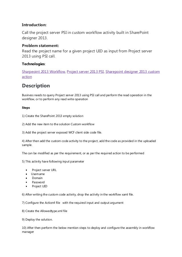 Sharepoint designer 2013 workflow custom activity make project server ...
