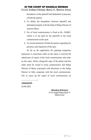 Appointment of local commission in case of Sharif Khan Vs Muhammad ...