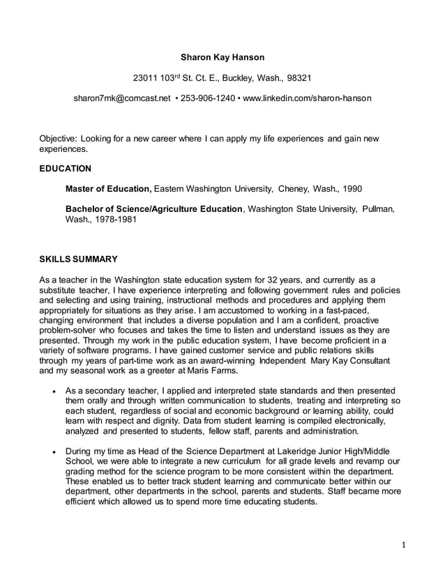 Sharon k hanson resume 1a | PDF