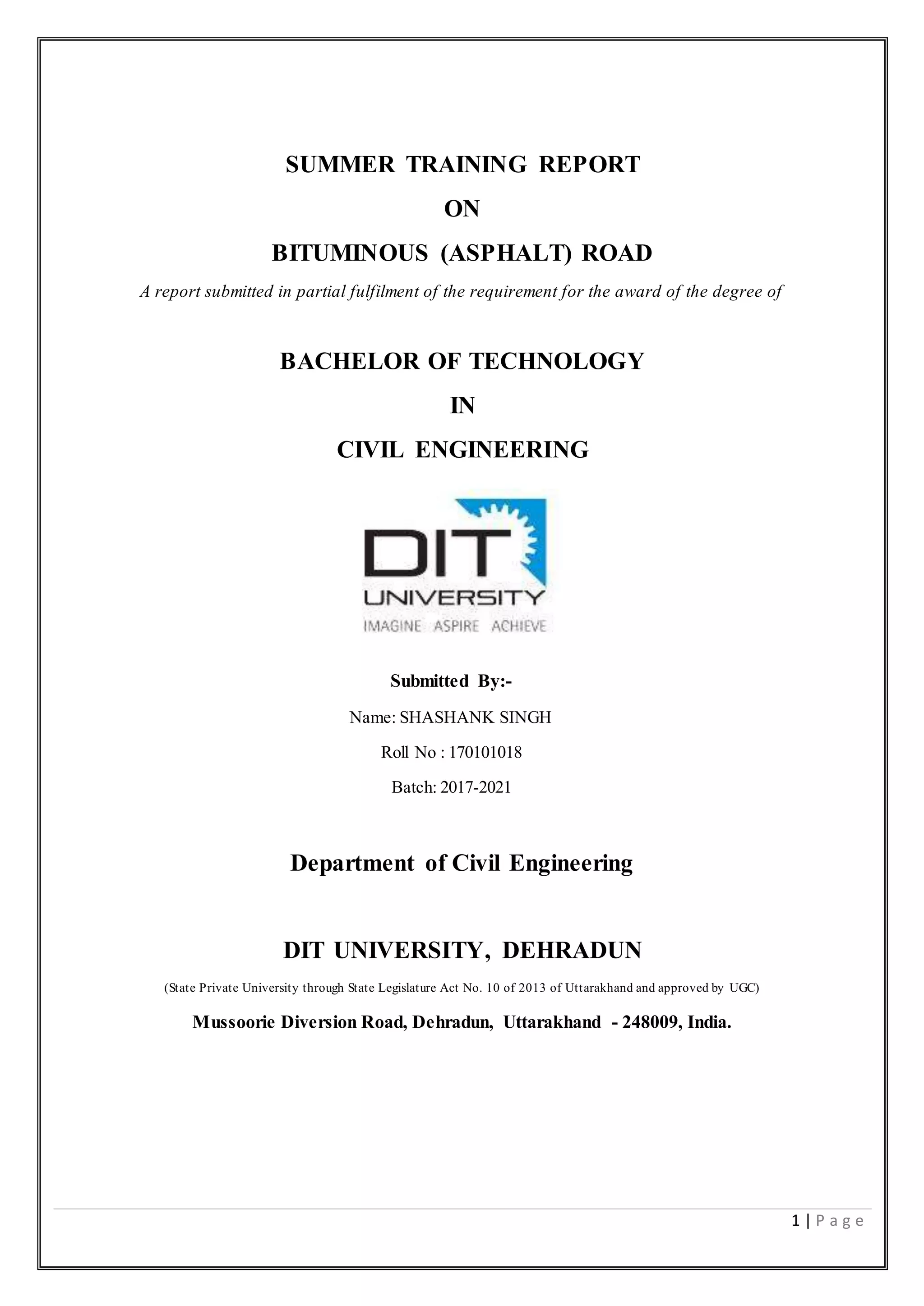 Summer Training Report On Bituminous (Asphalt) Road | DOCX