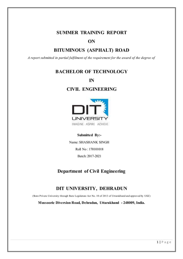 Summer Training Report On Bituminous (Asphalt) Road | DOCX | Civil Engineering Industry | Industries