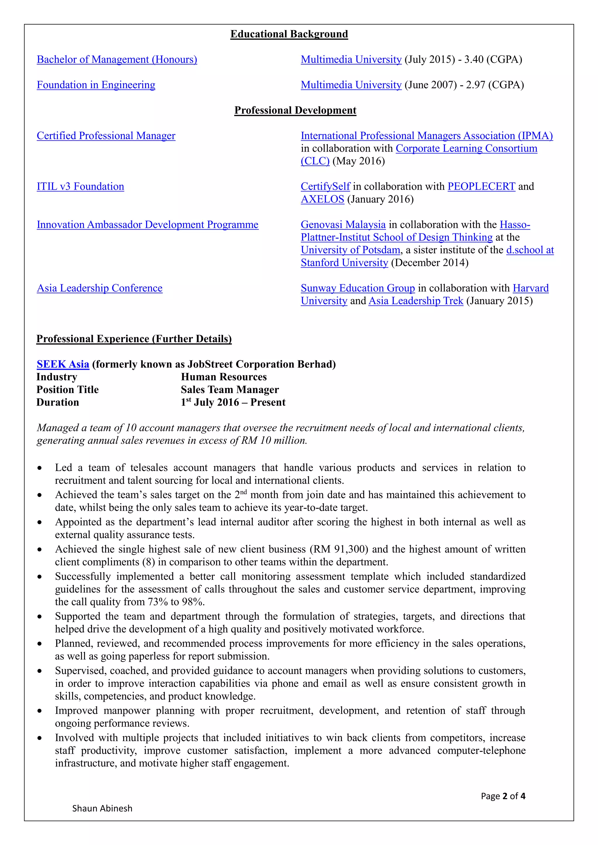 Shaun Abinesh (Resume) | PDF | Sales | Business