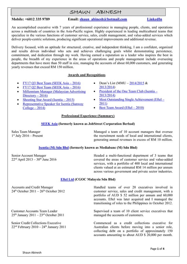Shaun Abinesh (Resume) | PDF | Sales | Business