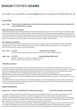 Shaun Adams Cv Nov2011 | PDF | Geology | Science