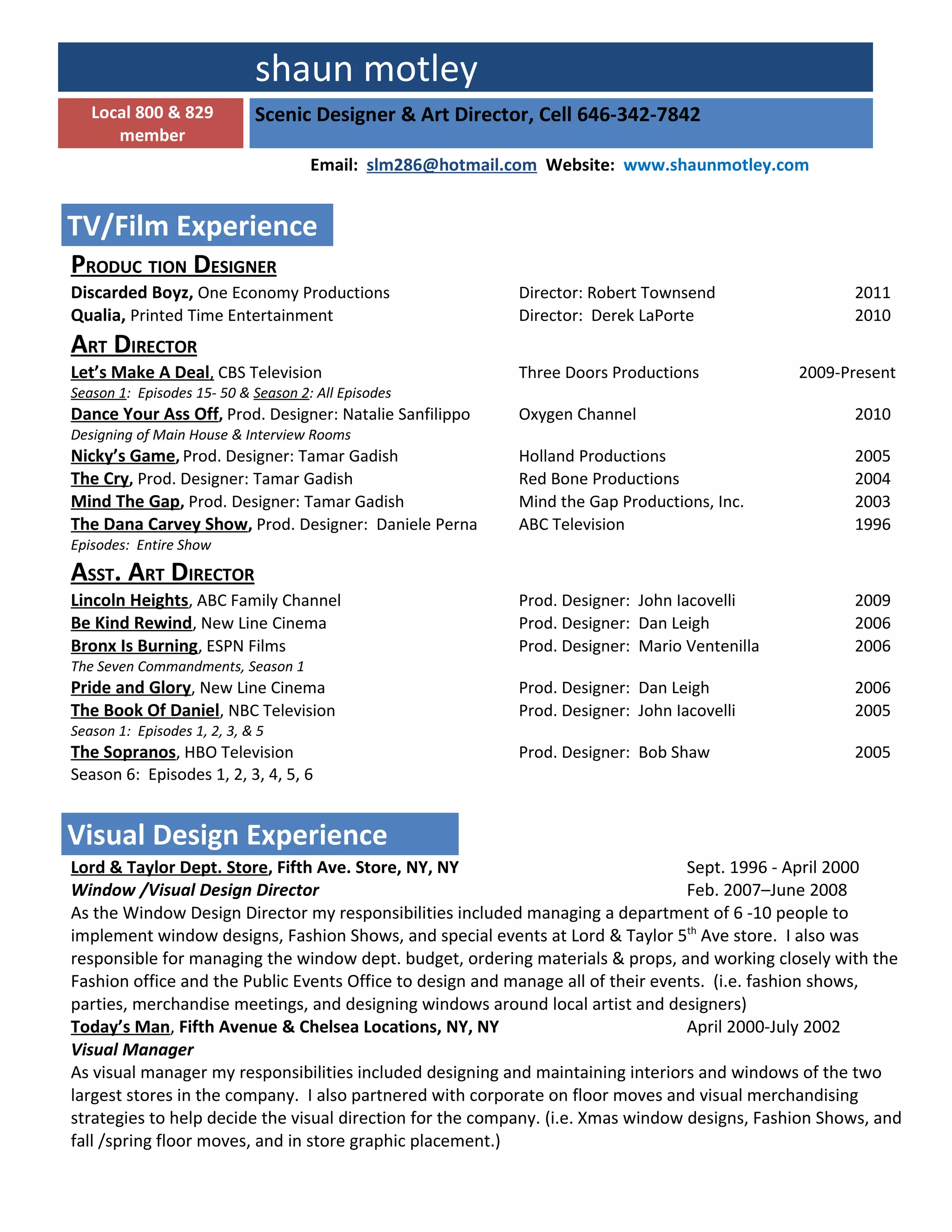 Shaun Motley Television Resume 2011 | DOC
