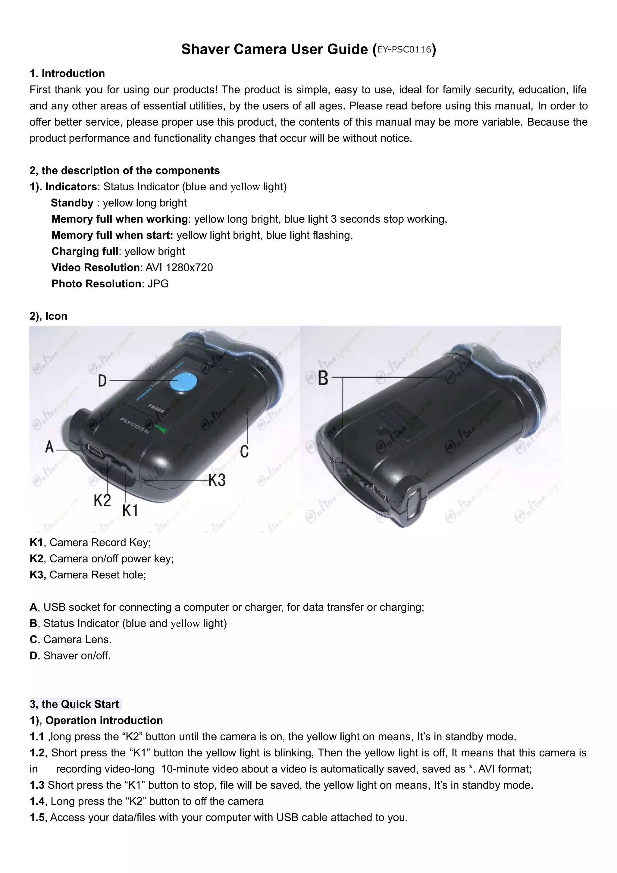 High definition Bathroom Shaver camera user guide (ey-psc0116).spy shaver camera | DOC | Cameras ...