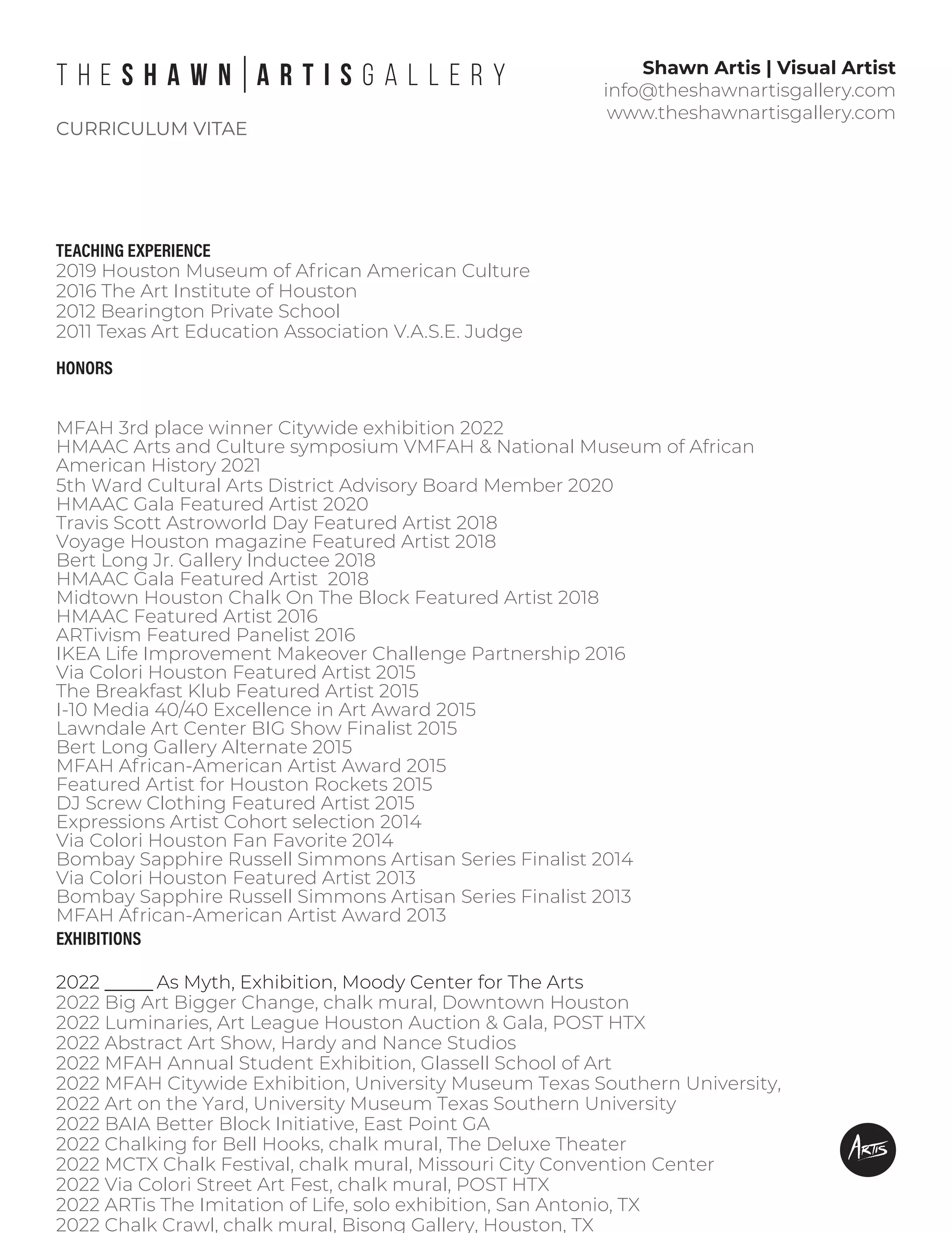 Shawn Artis - CV only - 10-28-2022.pdf