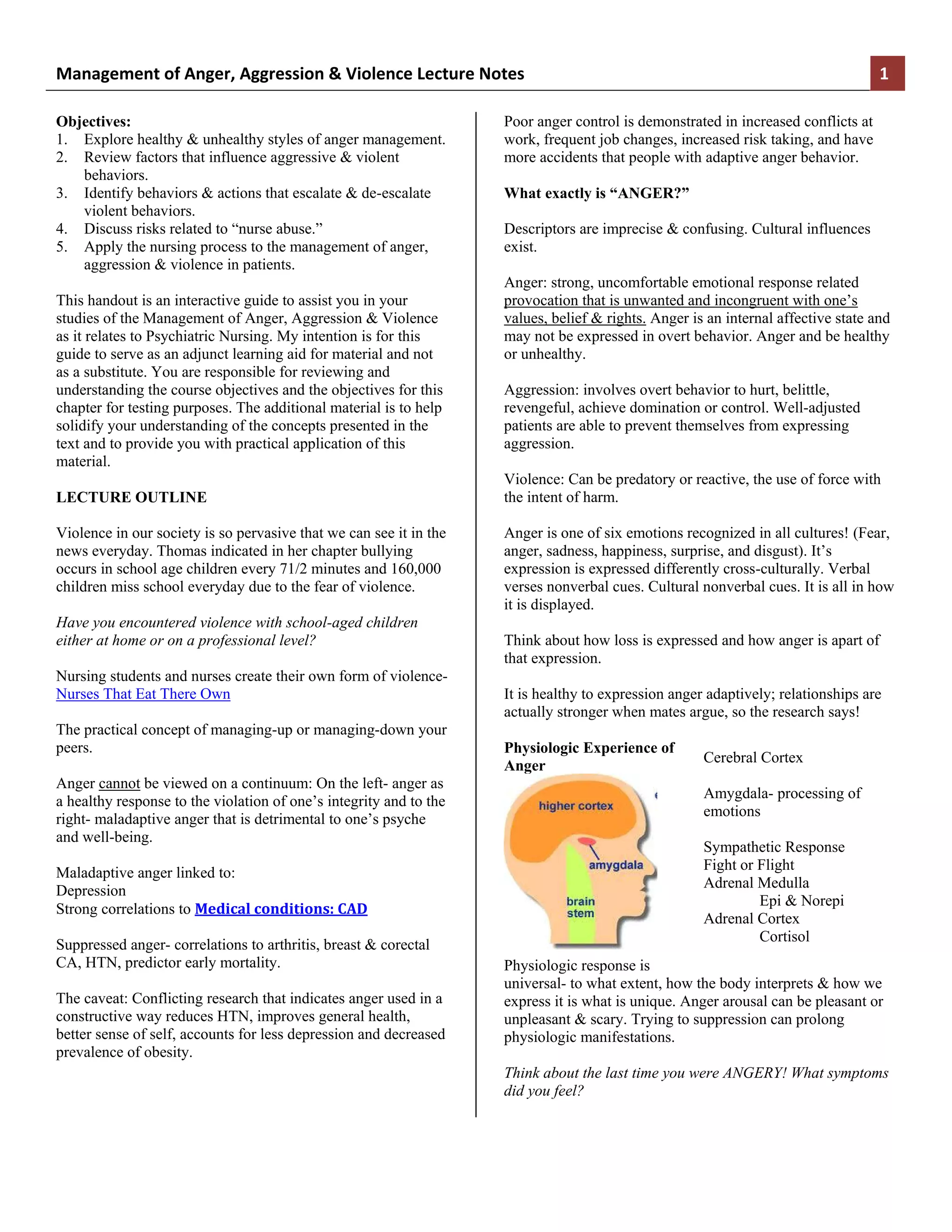 Management of Anger, Aggression & Violence lecture 2011 | PDF