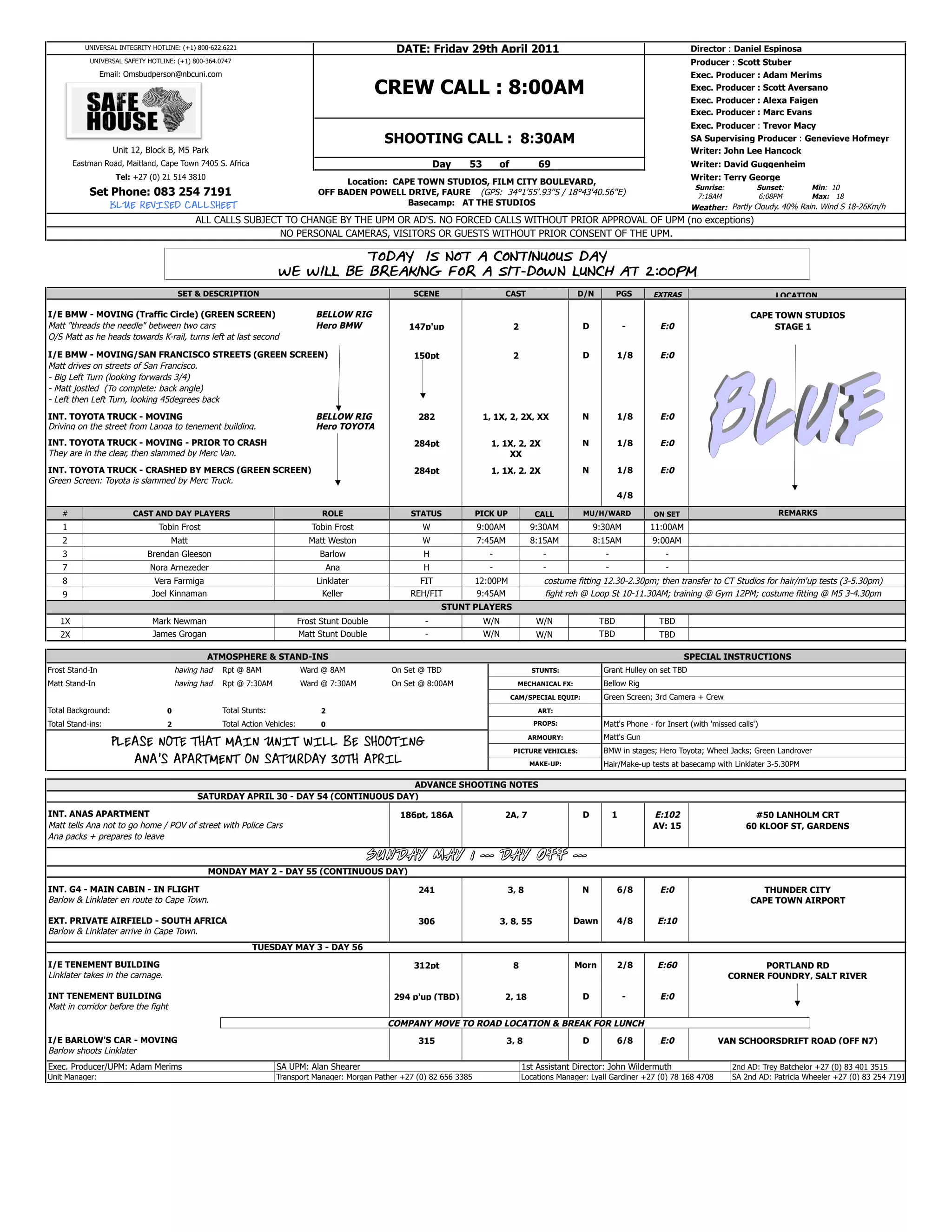 Sh call sheet day 53 blue | PDF