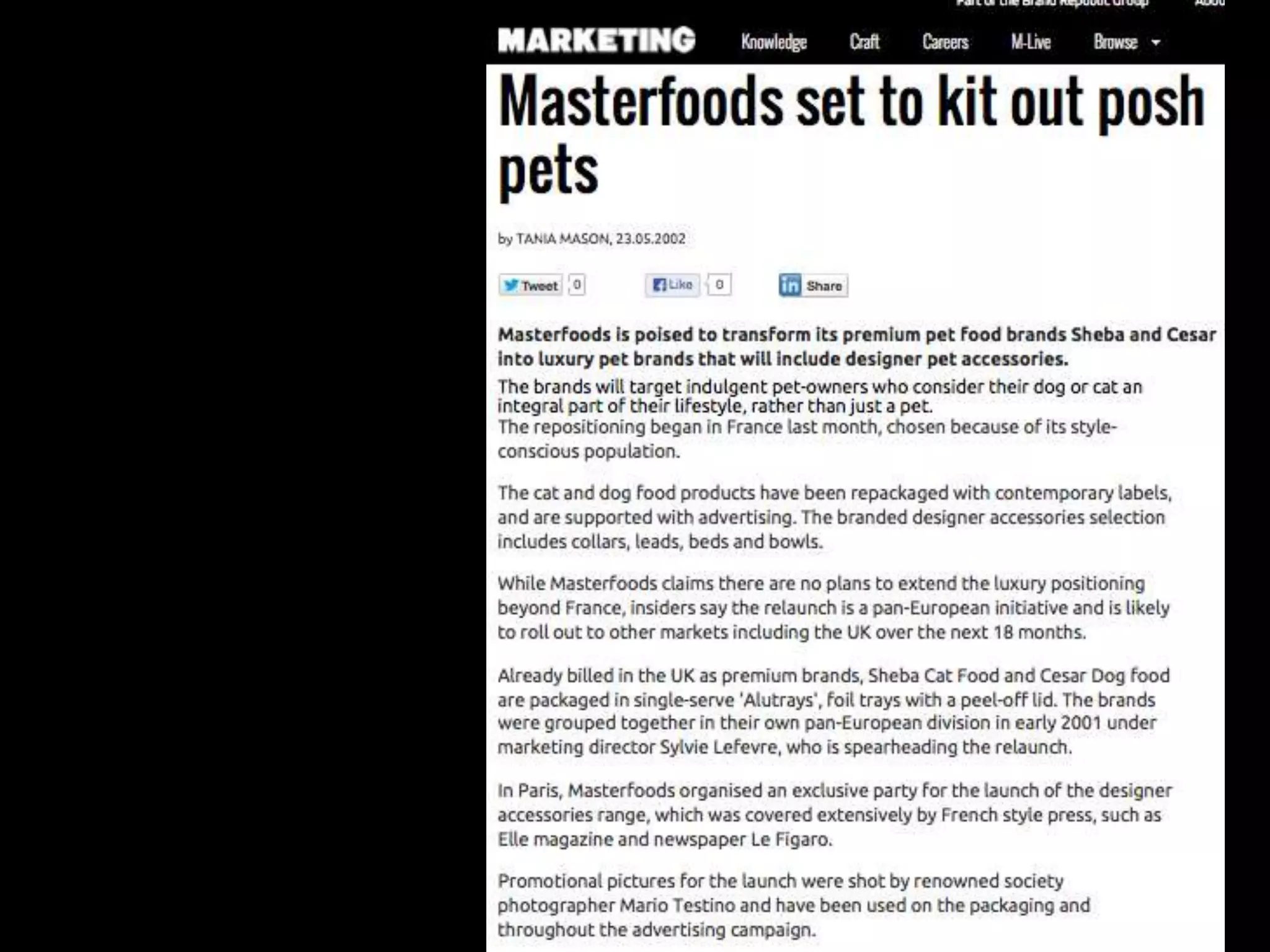 Masterfoods transforms Sheba and Cesar into luxury petfood brands. | PPTX