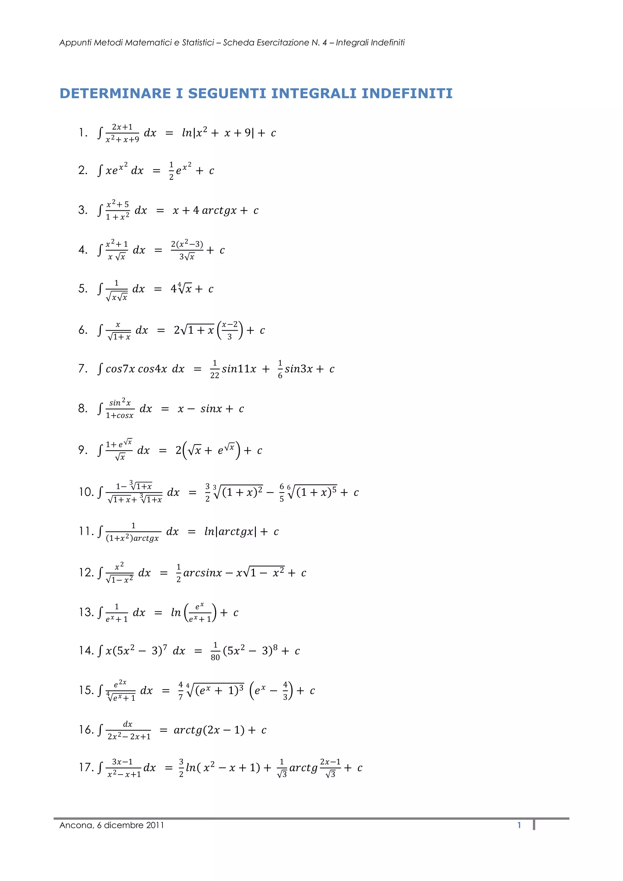 Sheda esercizi n4 integrali indefiniti | PDF