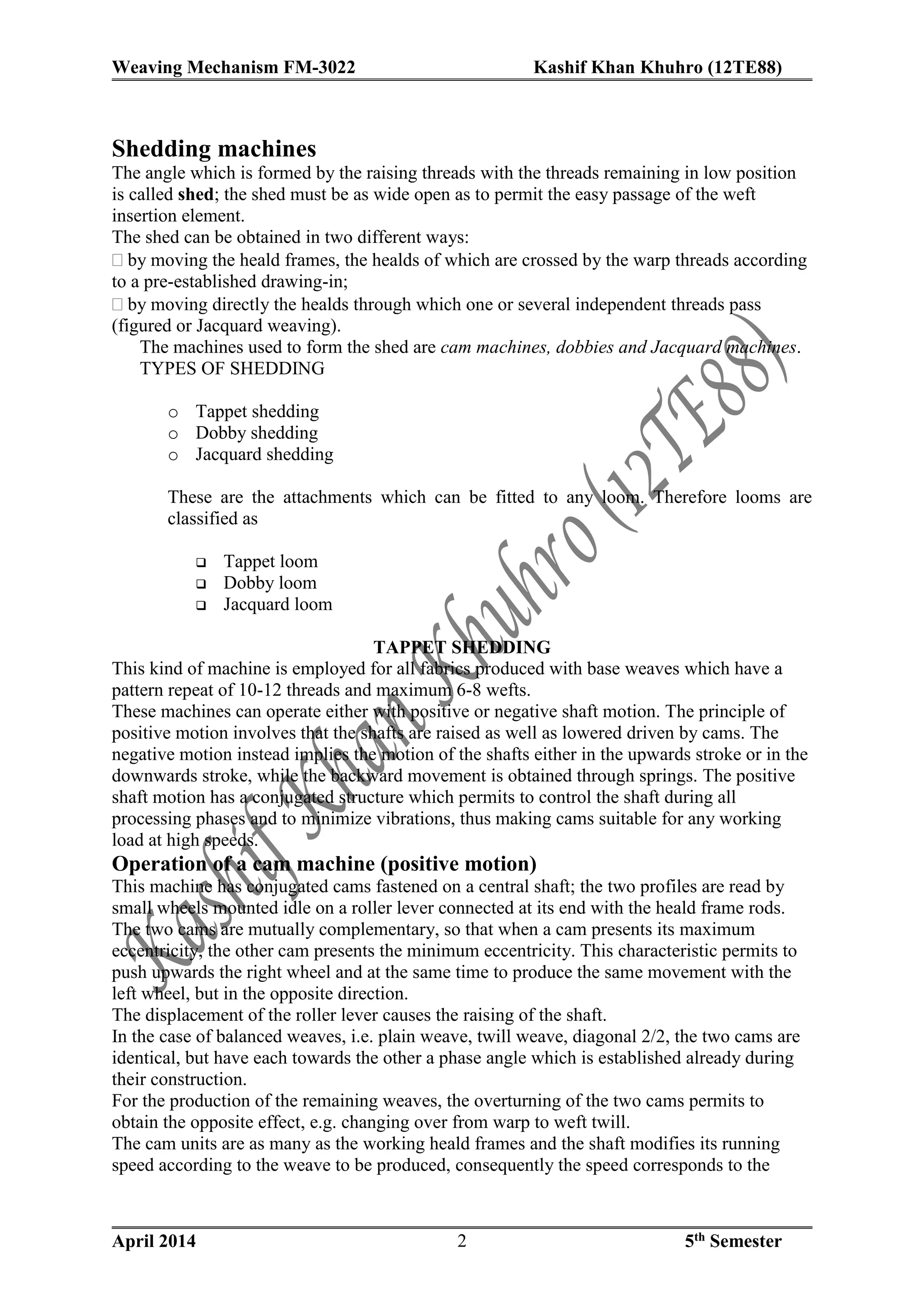 Shedding types (dobby, tappet and jacquard) | DOCX