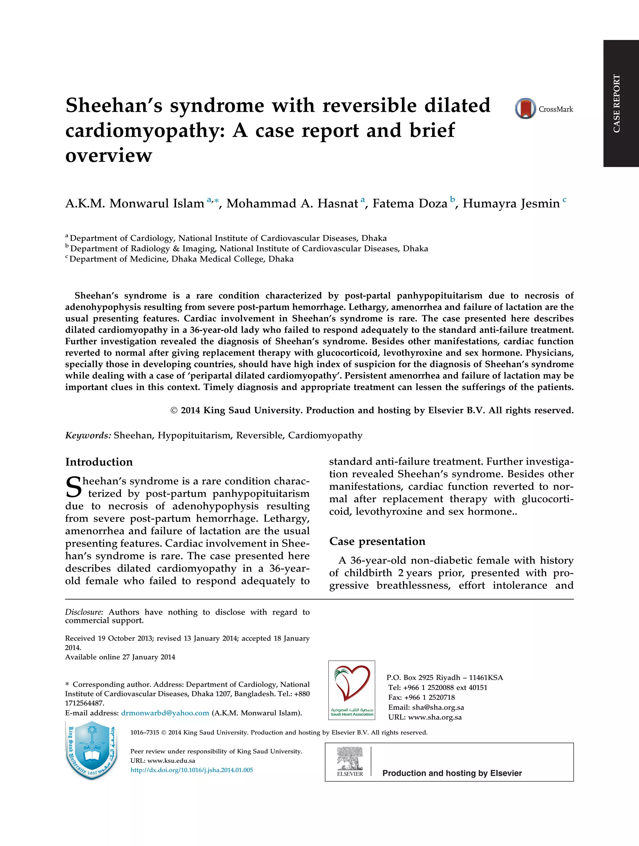 Sheehan’s syndrome with reversible dilated cardiomyopathy: A case ...