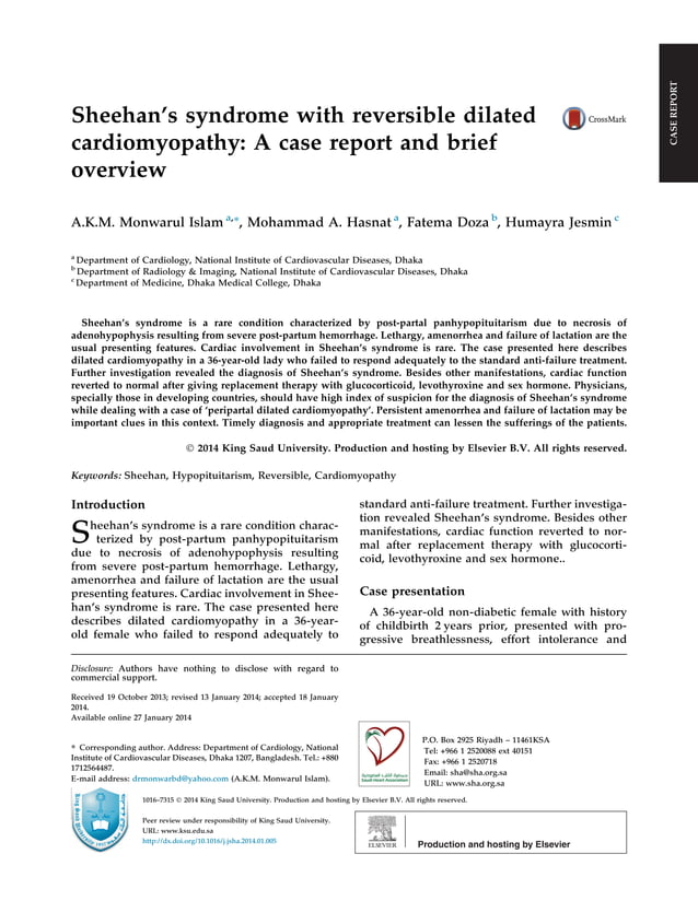 Sheehans Syndrome With Reversible Dilated Cardiomyopathy A Case