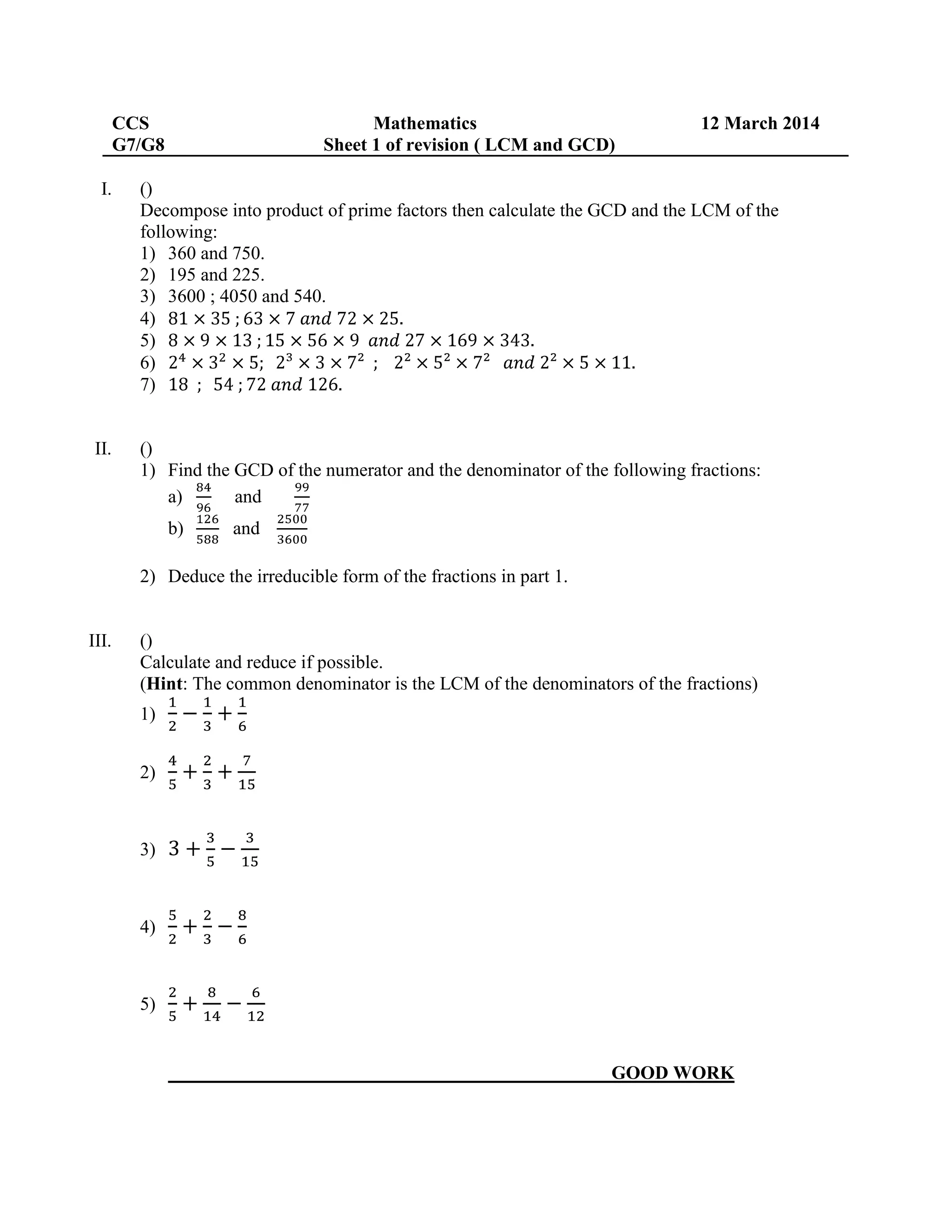 Gcd And Lcm Worksheets Gcd And Lcm Worksheets