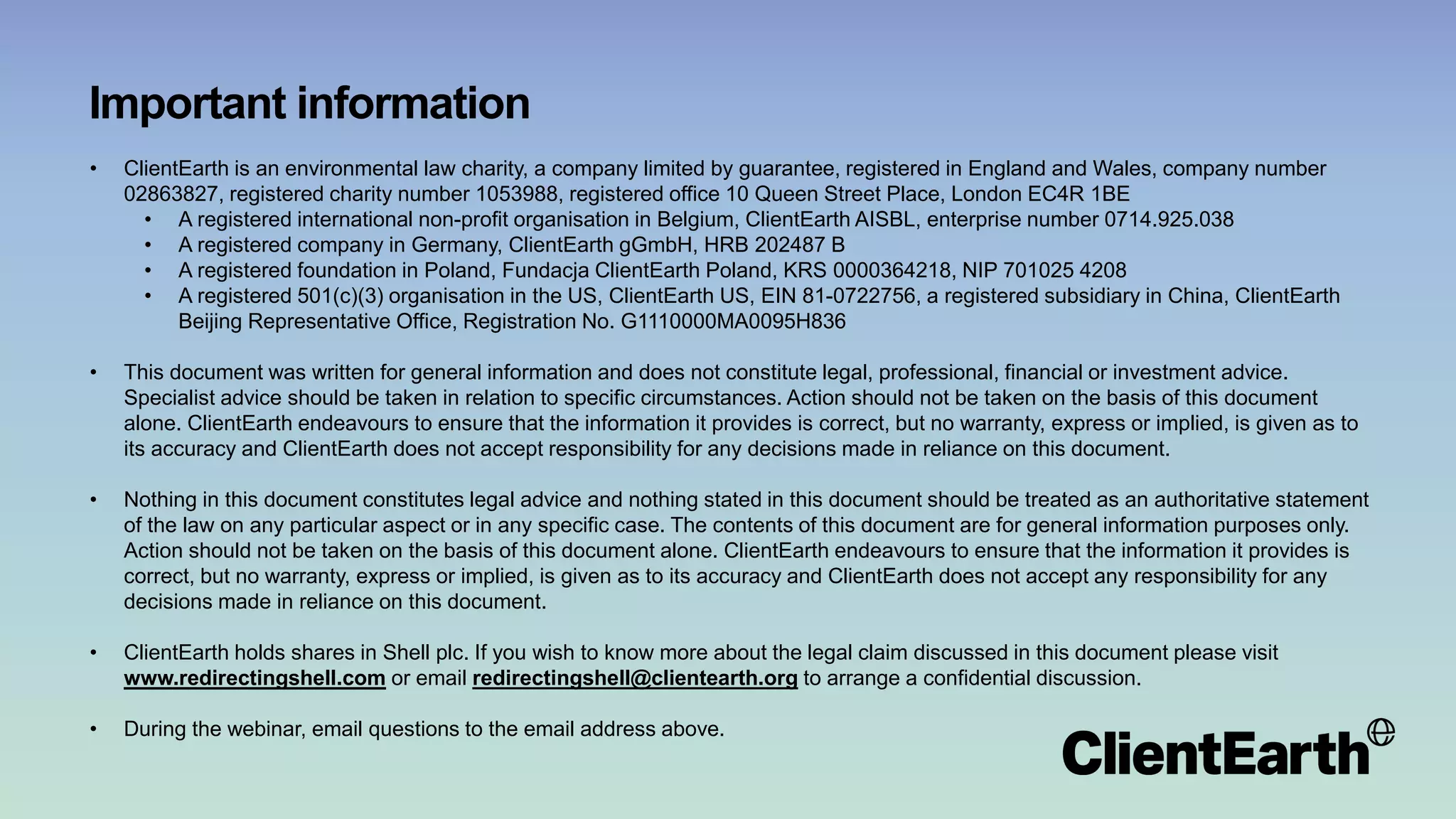ClientEarth Claim towards Board of Shell plc | PPT