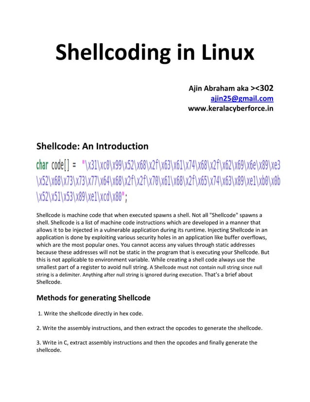 Shellcoding in linux | PDF
