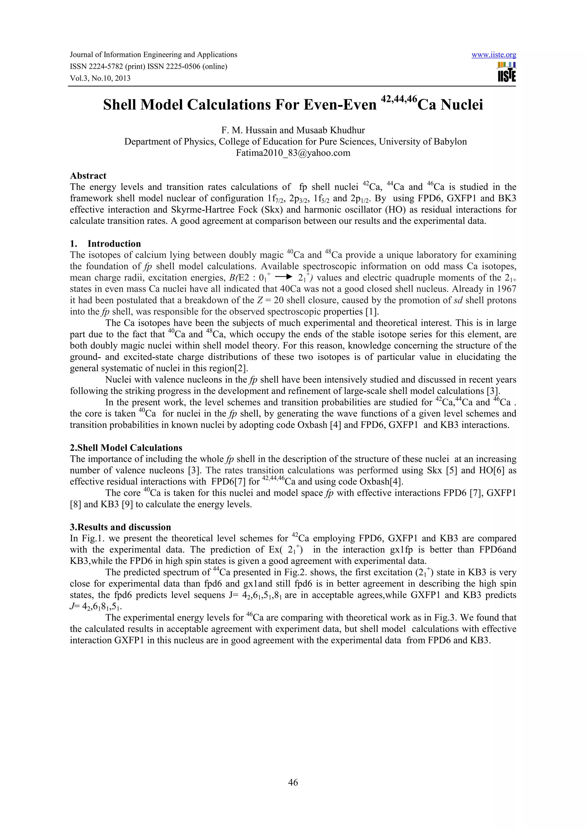 Shell model calculations for even even 42,44,46 ca nuclei | PDF