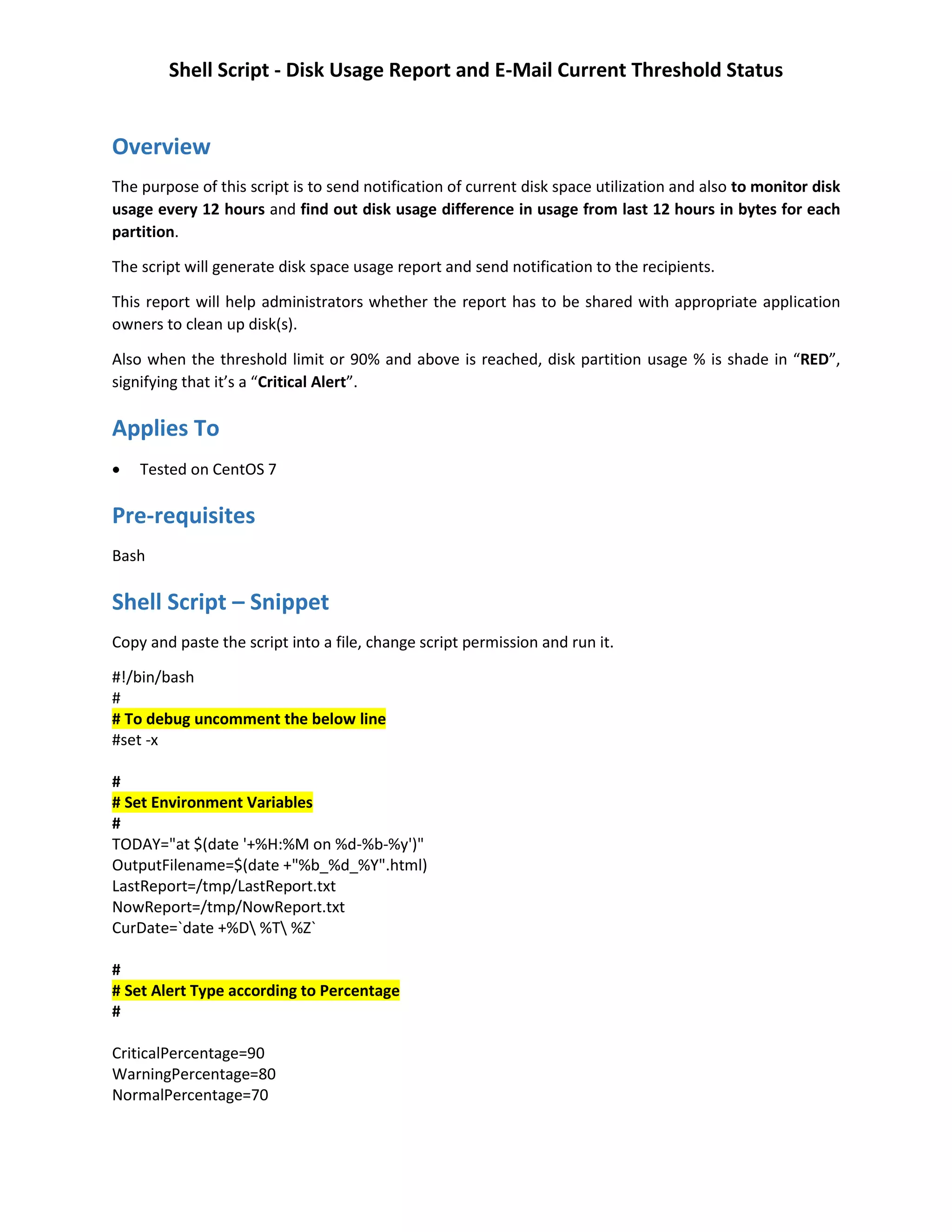 Shell Script Disk Usage Report And E Mail Current Threshold Status Pdf