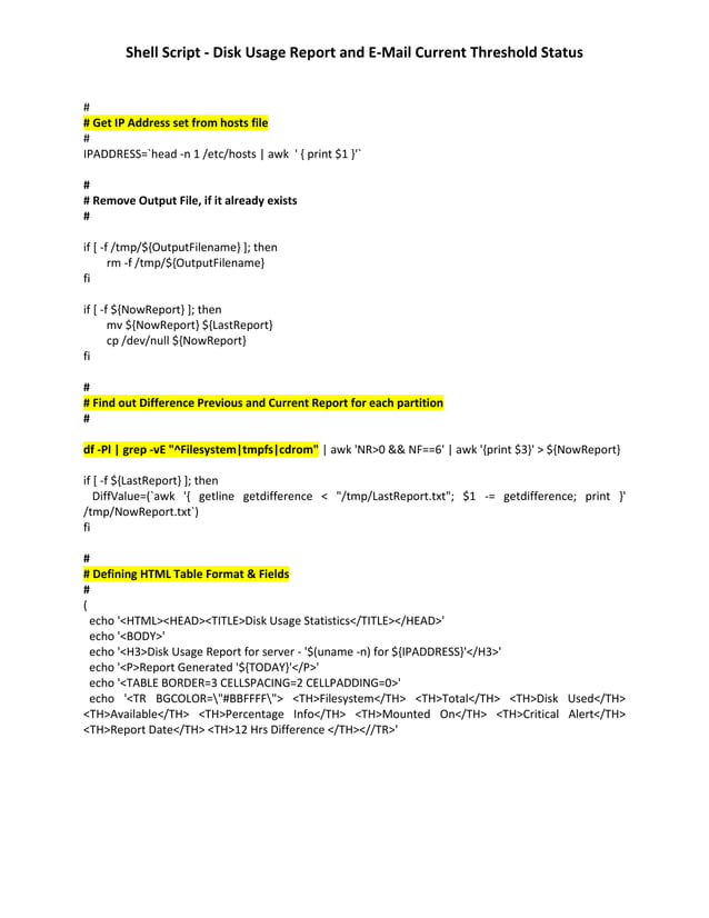 Shell Script Disk Usage Report And E Mail Current Threshold Status Pdf