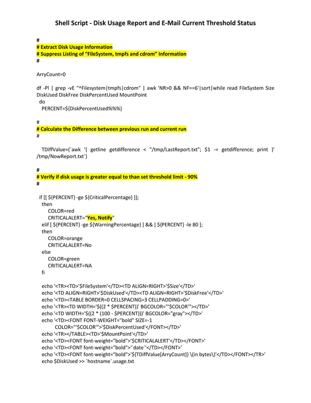 Shell Script Disk Usage Report And E Mail Current Threshold Status Pdf