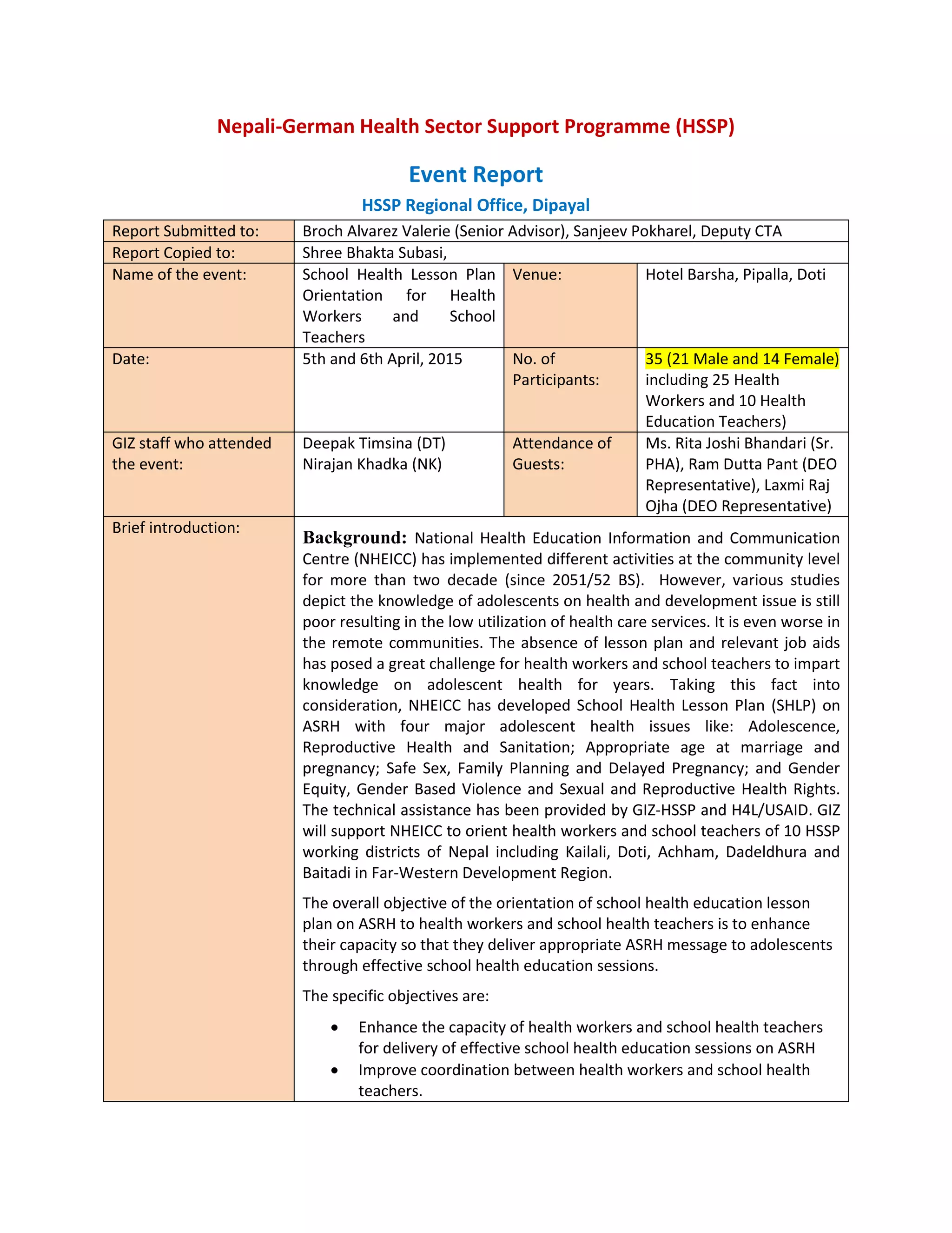 School Health Education Lesson Plan Report, Doti 2015_deepak | PDF