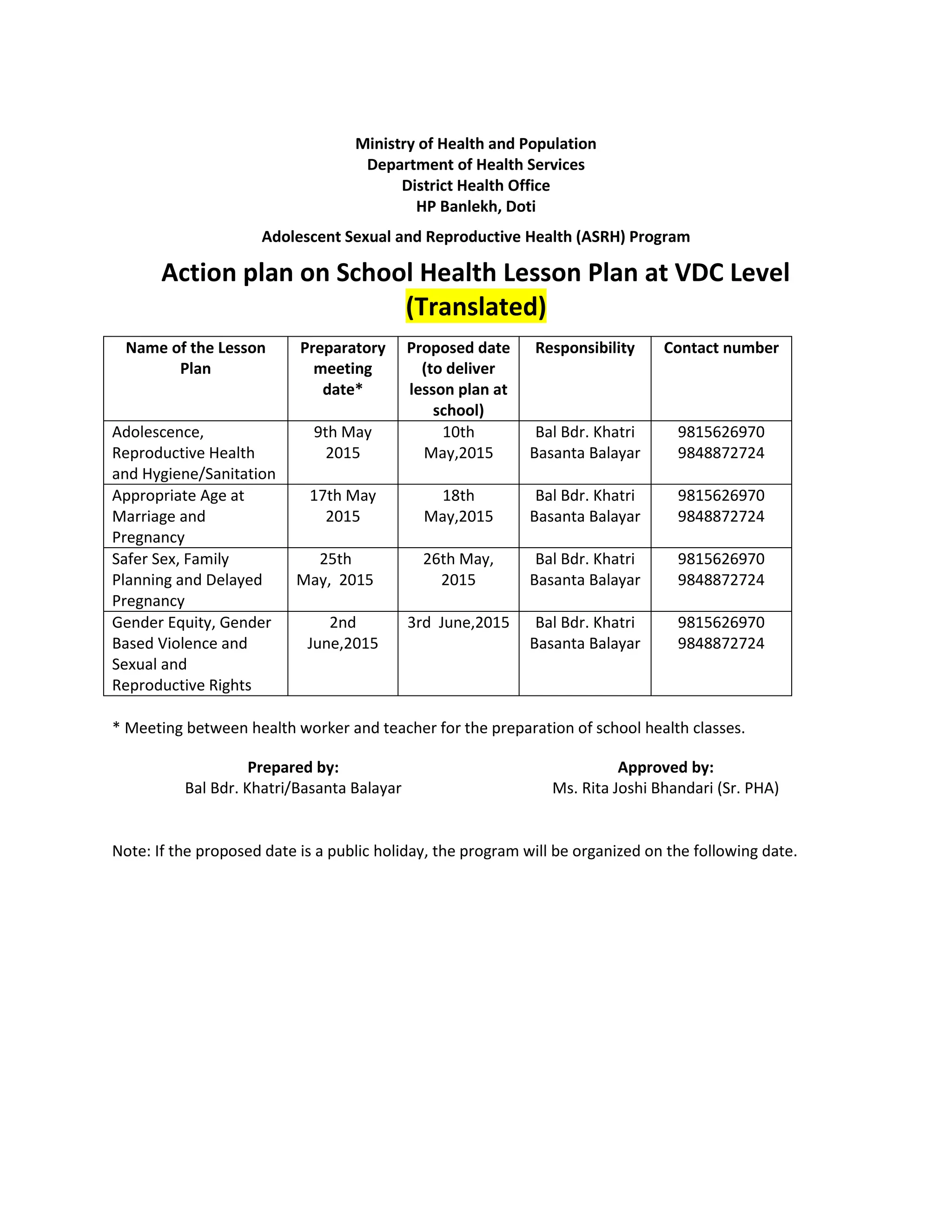 School Health Education Lesson Plan Report, Doti 2015_deepak | PDF