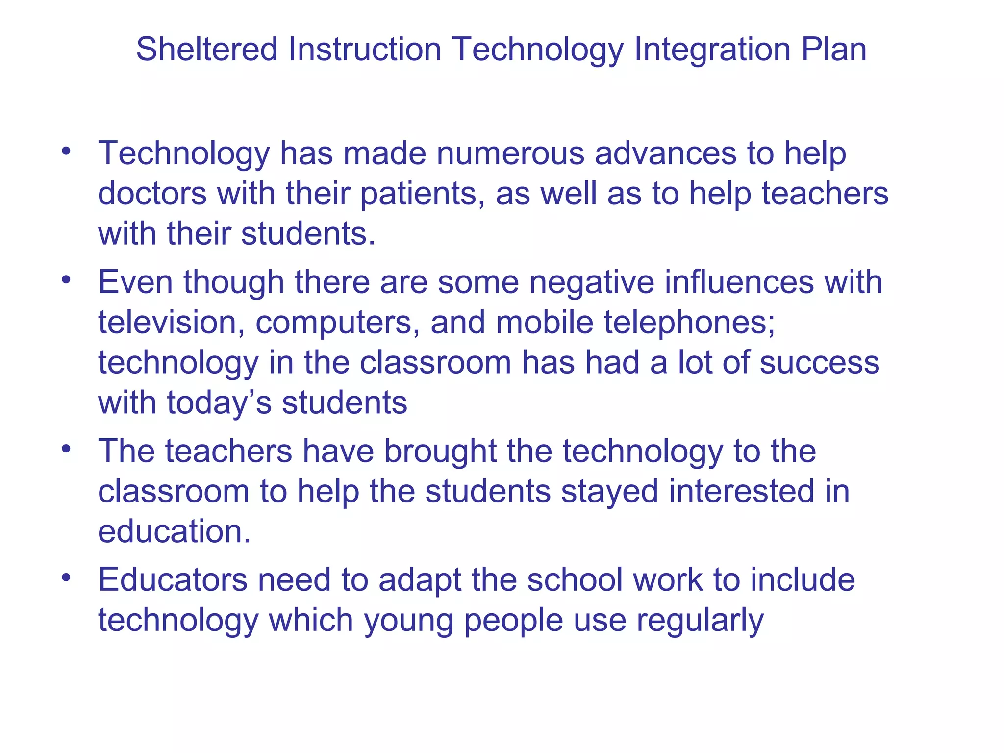 Sheltered instruction technology integration plan | PPT