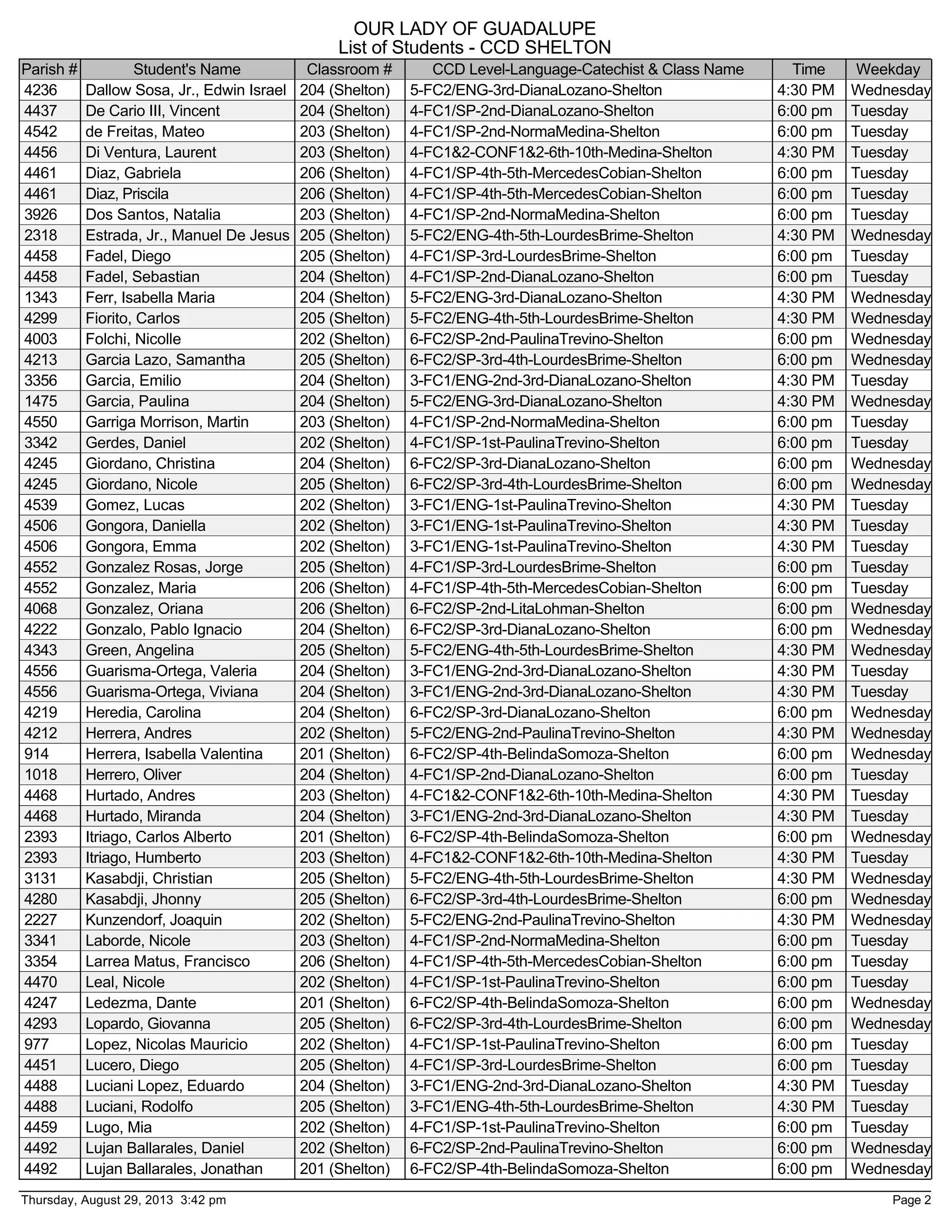 Shelton Students Master list.08 29-2013 | PDF