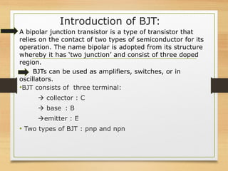 Bjt(common base ,emitter,collector) from university of central punjab | PPT