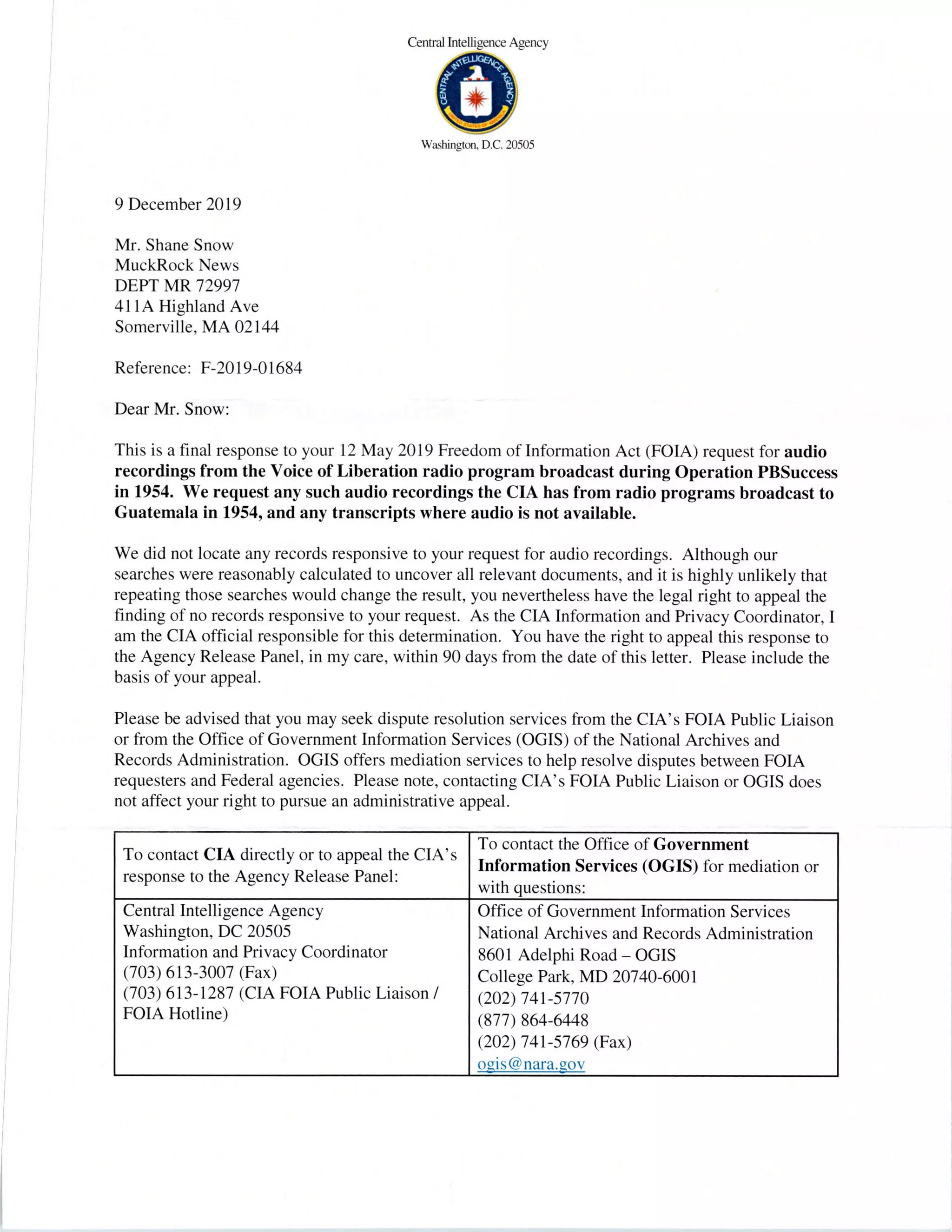 CIA Rejection Letter for Sherwood / Radio Liberation Audio Files | PDF