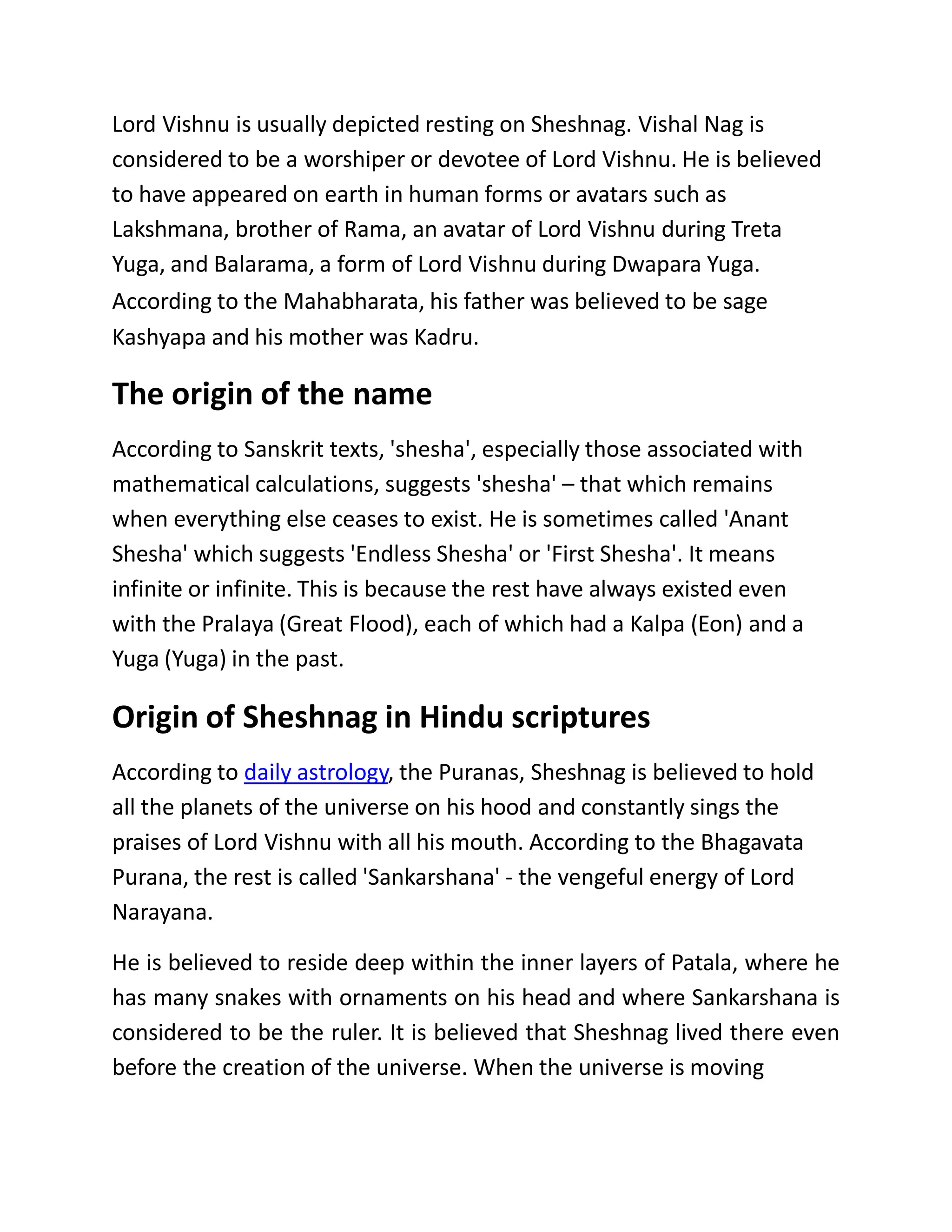 Sheshnag: Story, method of worship, importance, and Sheshnag | PDF