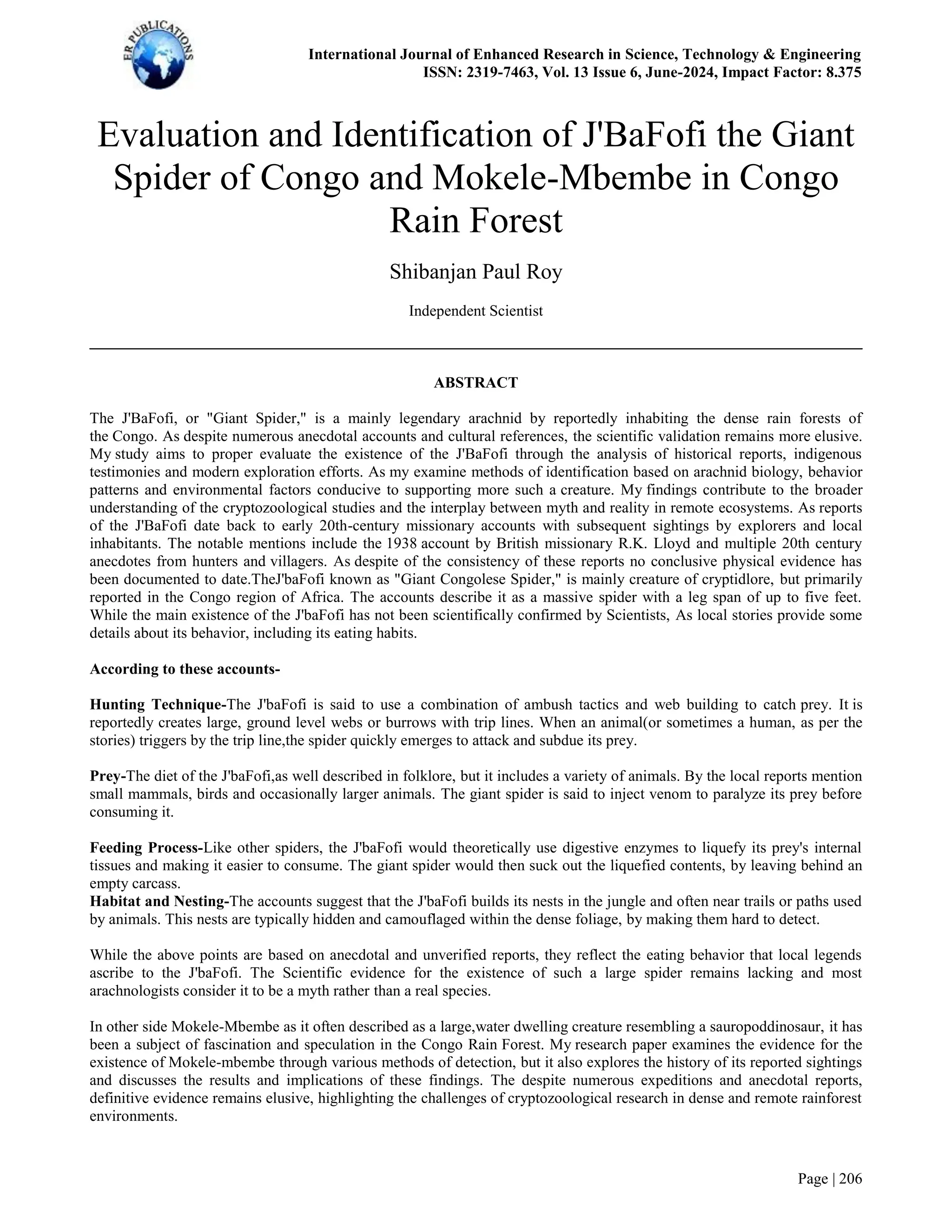 Evaluation and Identification of J'BaFofi the Giant Spider of Congo and ...