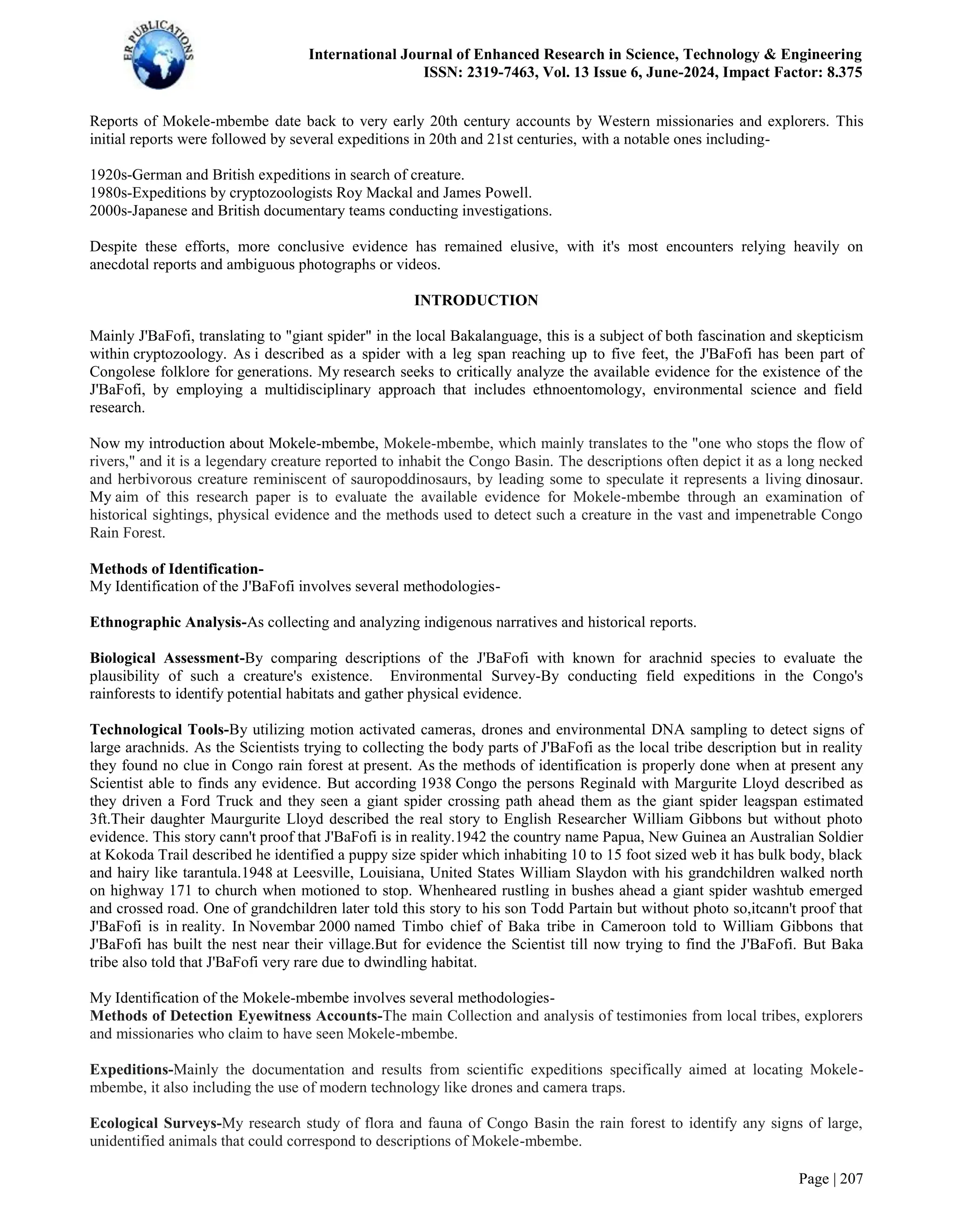 Evaluation and Identification of J'BaFofi the Giant Spider of Congo and ...