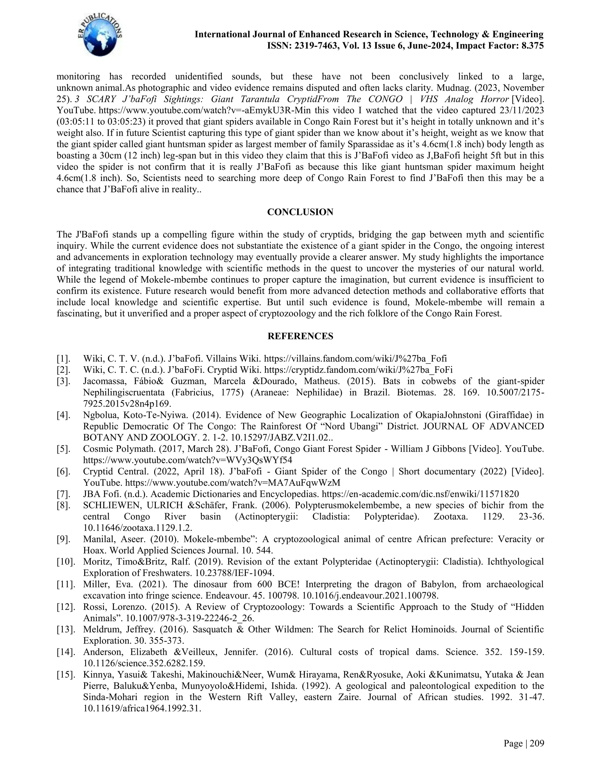 Evaluation and Identification of J'BaFofi the Giant Spider of Congo and ...