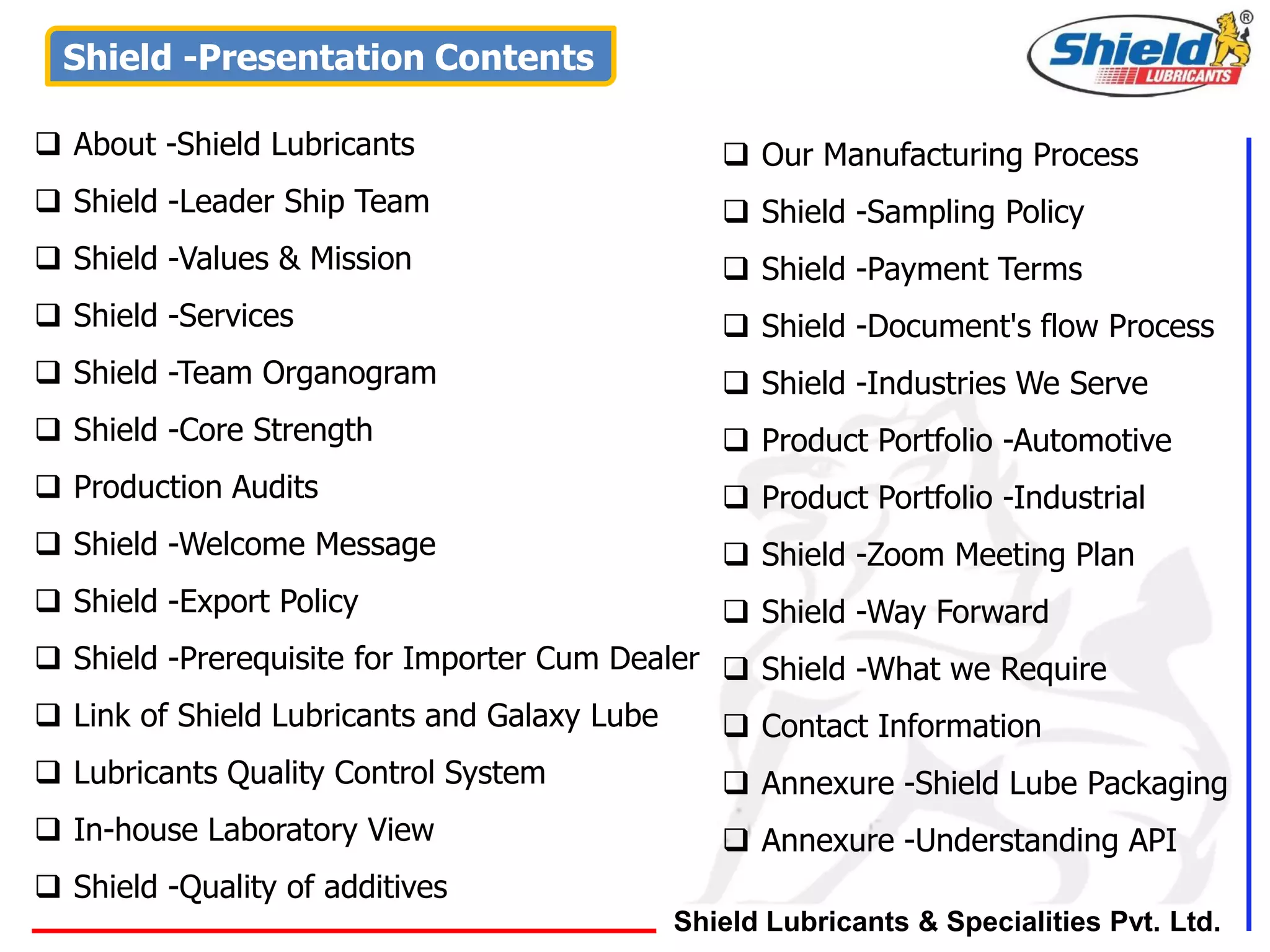 Shield lubricants corporate profile & exportpolicy | PDF