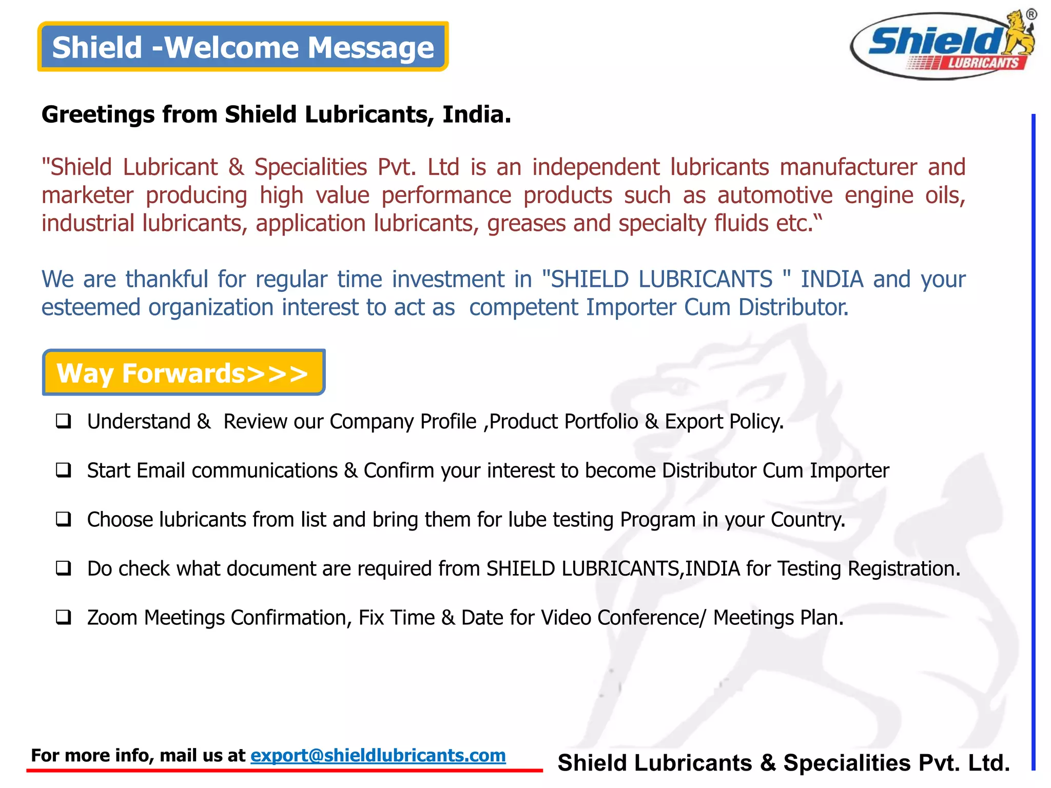 Shield lubricants corporate profile & exportpolicy | PDF