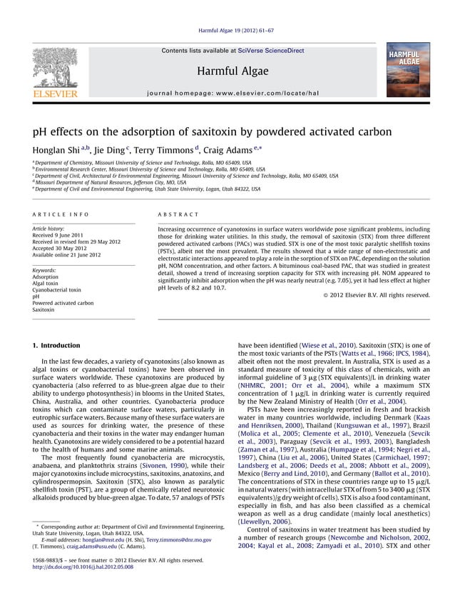 pH effects on the adsorption of saxitoxin by powdered activated carbon ...
