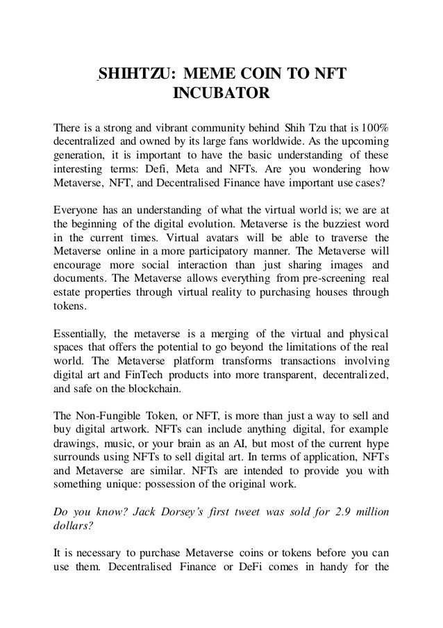 Shihtzu meme coin to nft incubator | DOCX