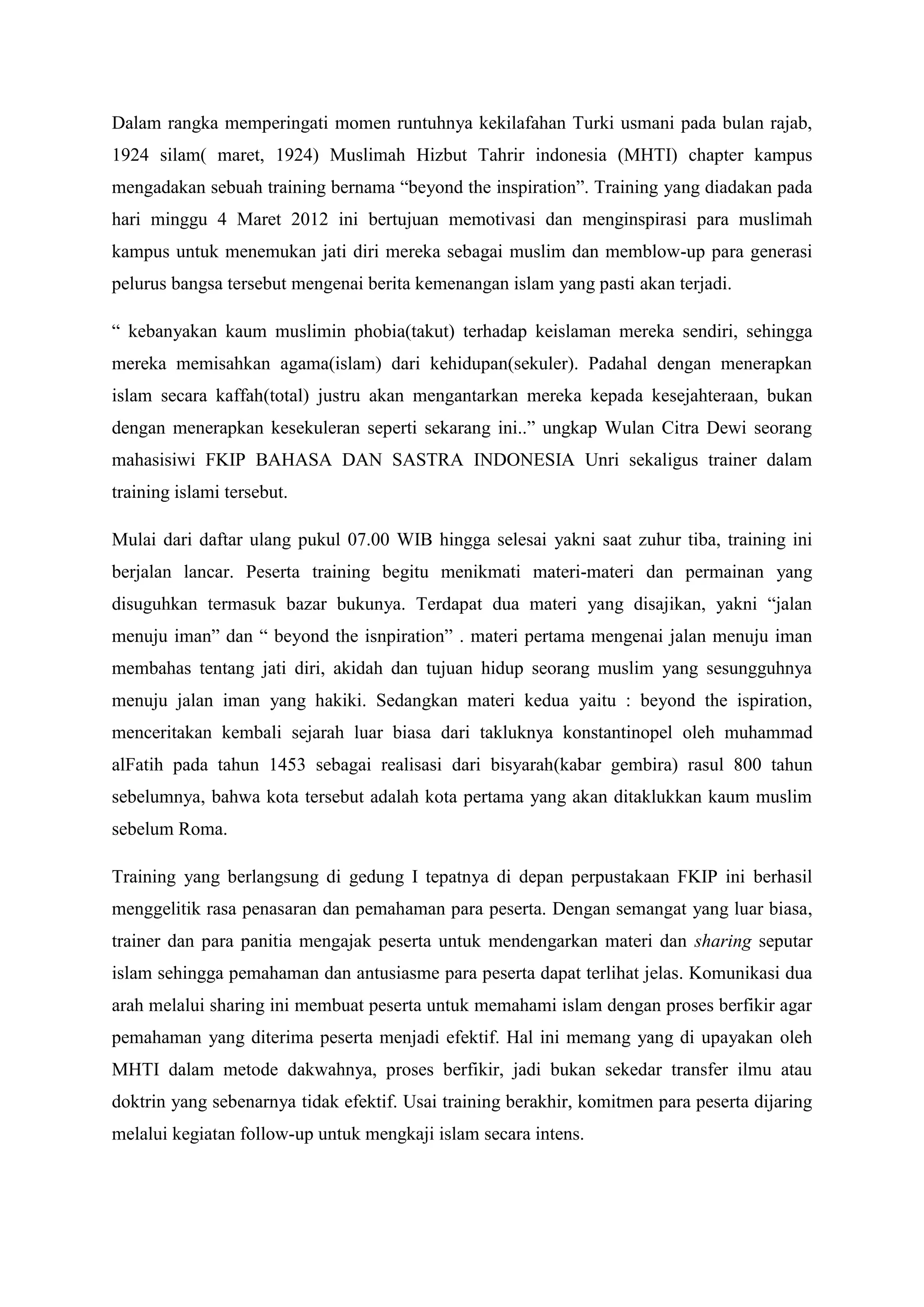 laporan kegiatan MHTI dikampus | PDF