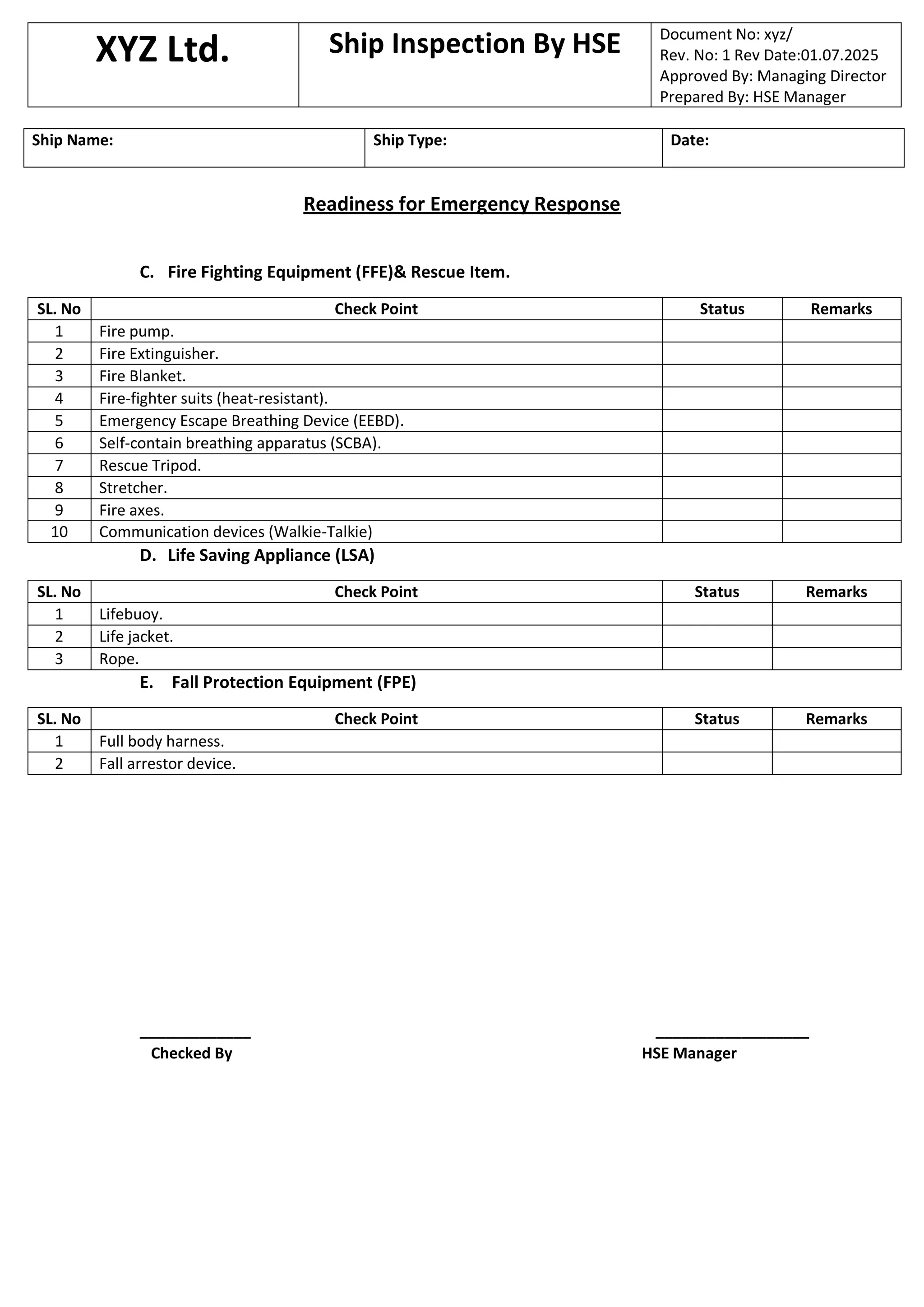 Ship Inspection Checklist by HSE to ensure compliance during regulatory ...