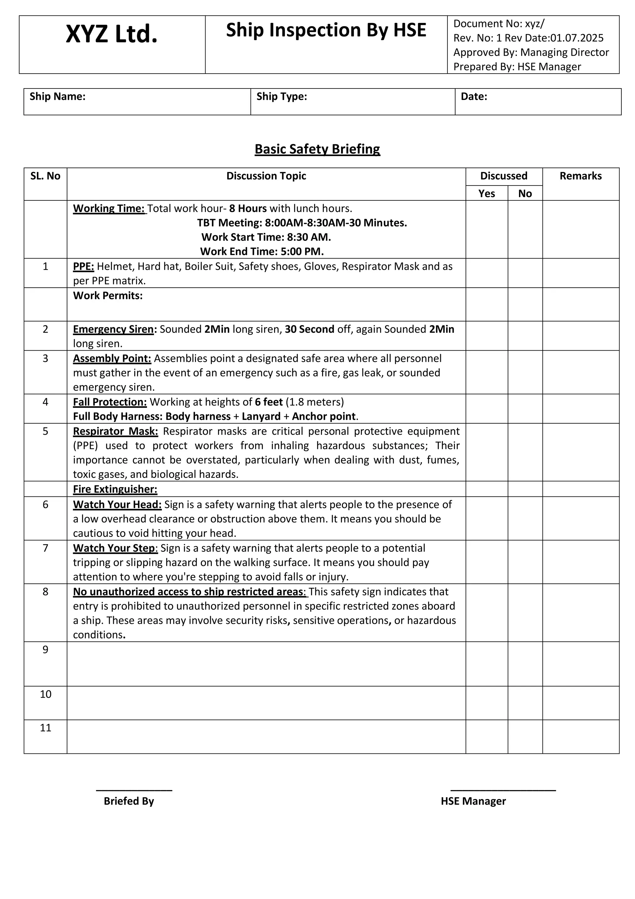 Ship Inspection Checklist by HSE to ensure compliance during regulatory ...