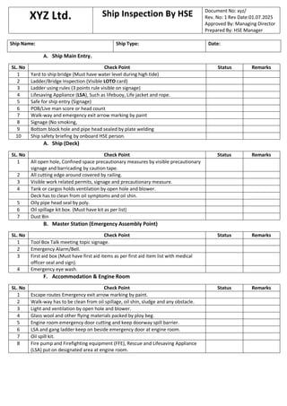 Ship Inspection Checklist by HSE to ensure compliance during regulatory ...