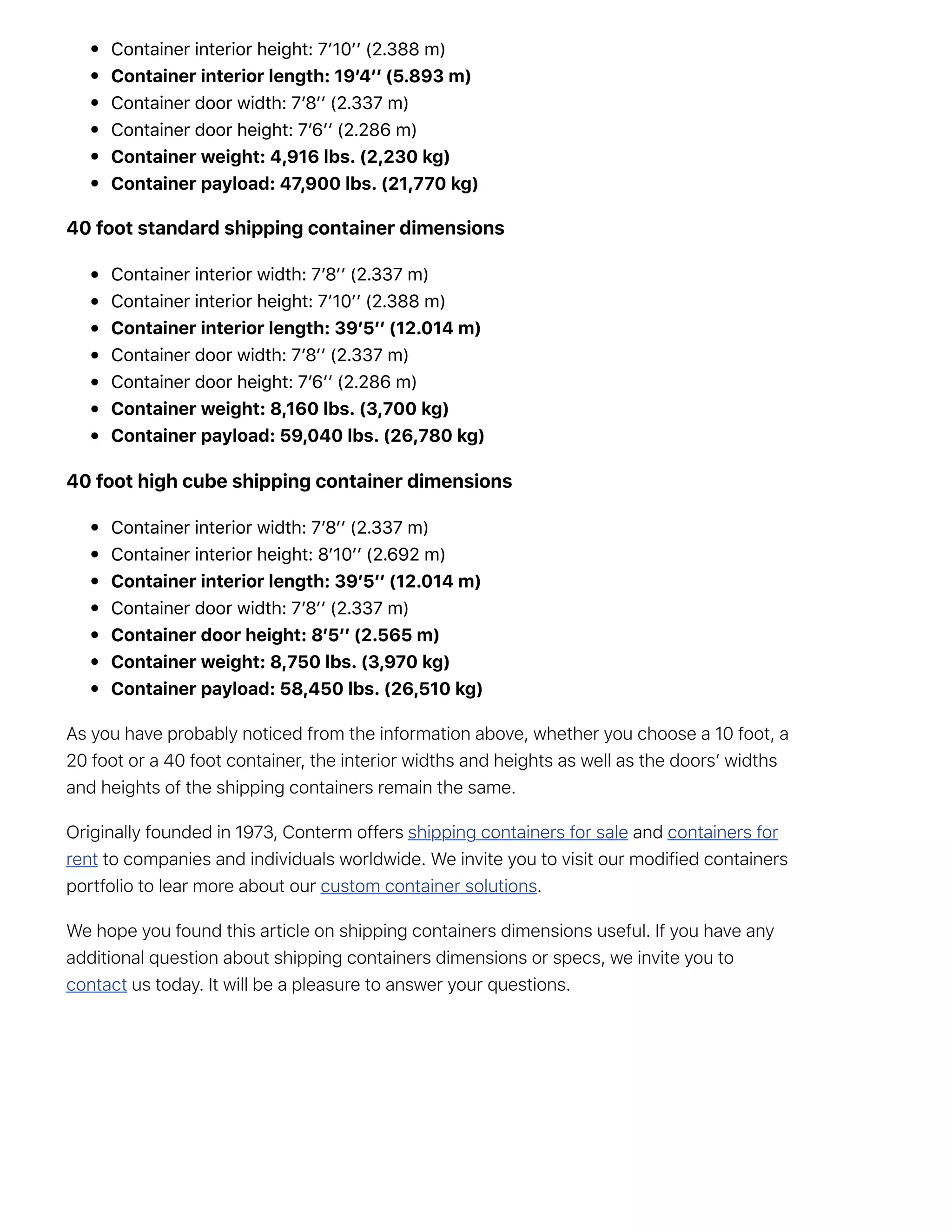Shipping containers dimensions, measurements and weights by Conterm | PDF