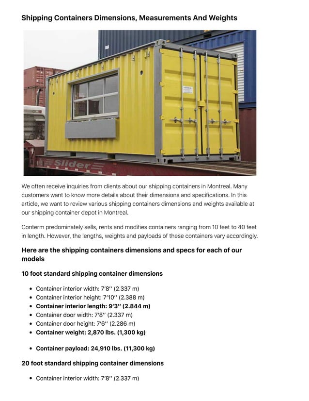 Shipping containers dimensions, measurements and weights by Conterm | PDF