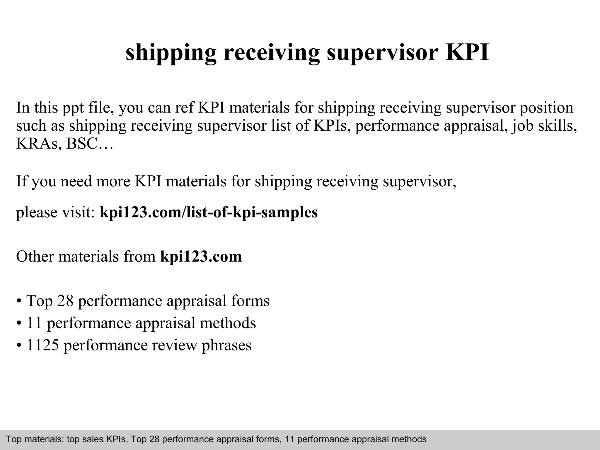 Shipping receiving supervisor kpi | PPT