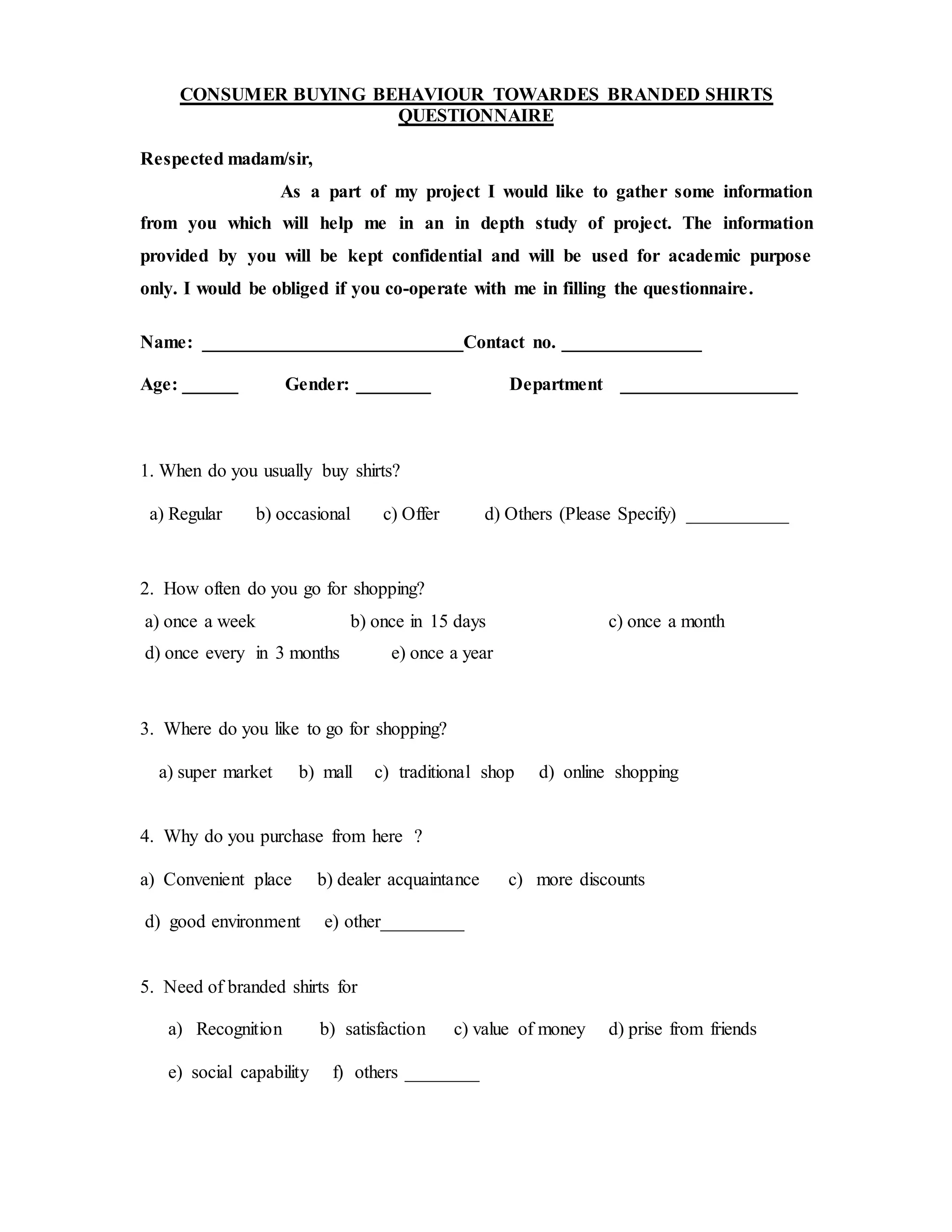 Shirts questionnaire | DOC