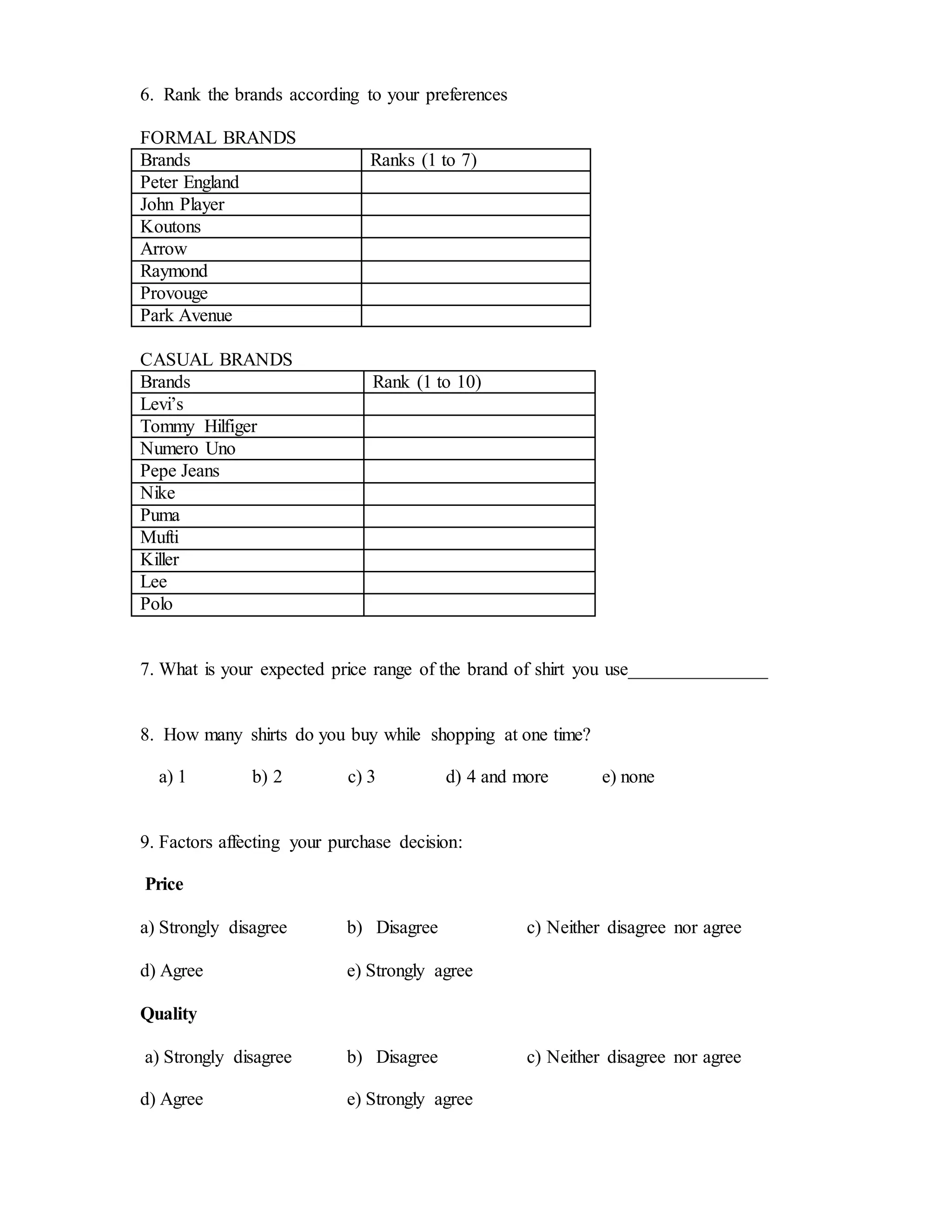 Shirts questionnaire | DOC